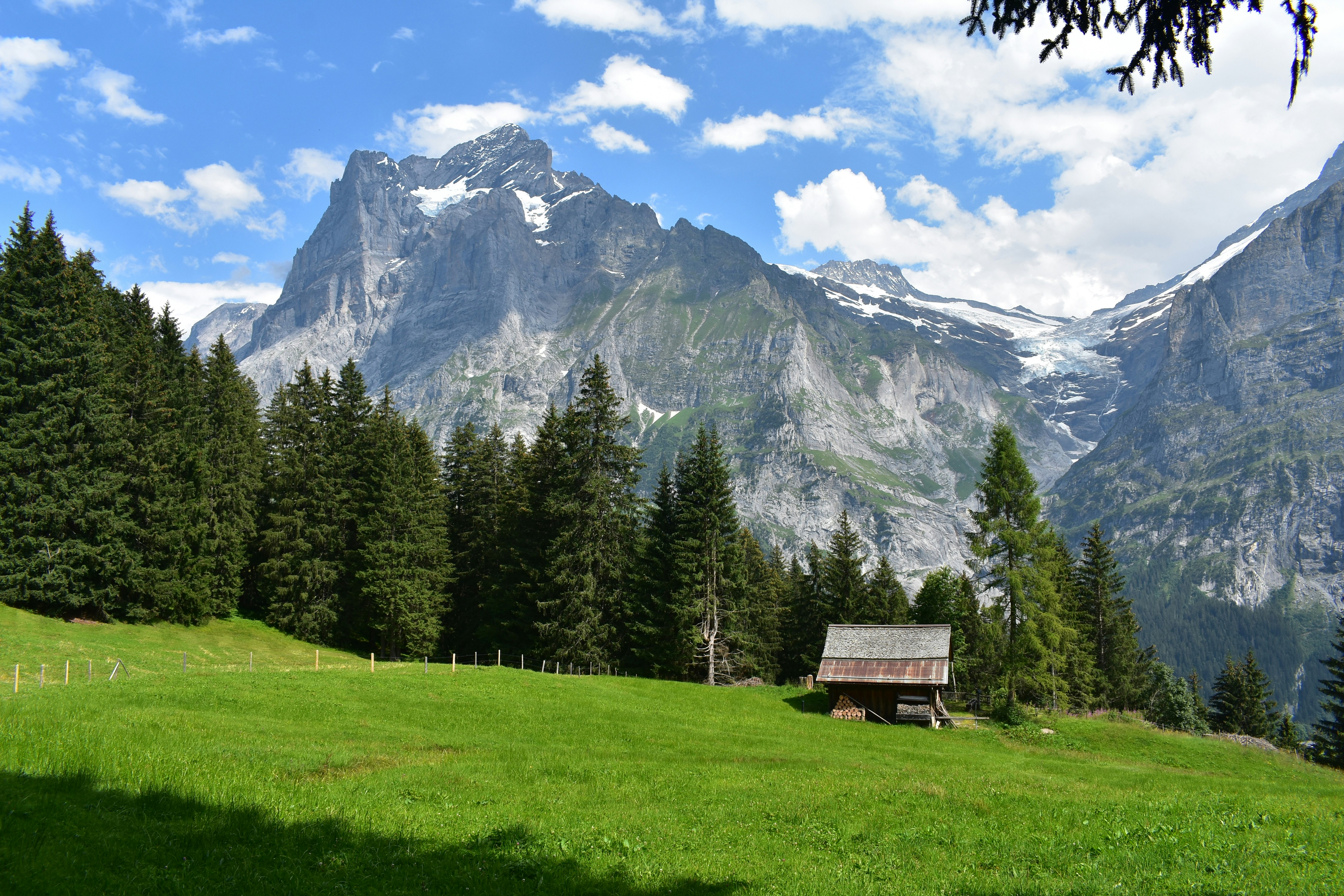 Wooden cabin nestled in a vibrant green meadow beneath towering alpine peaks and a blue sky.