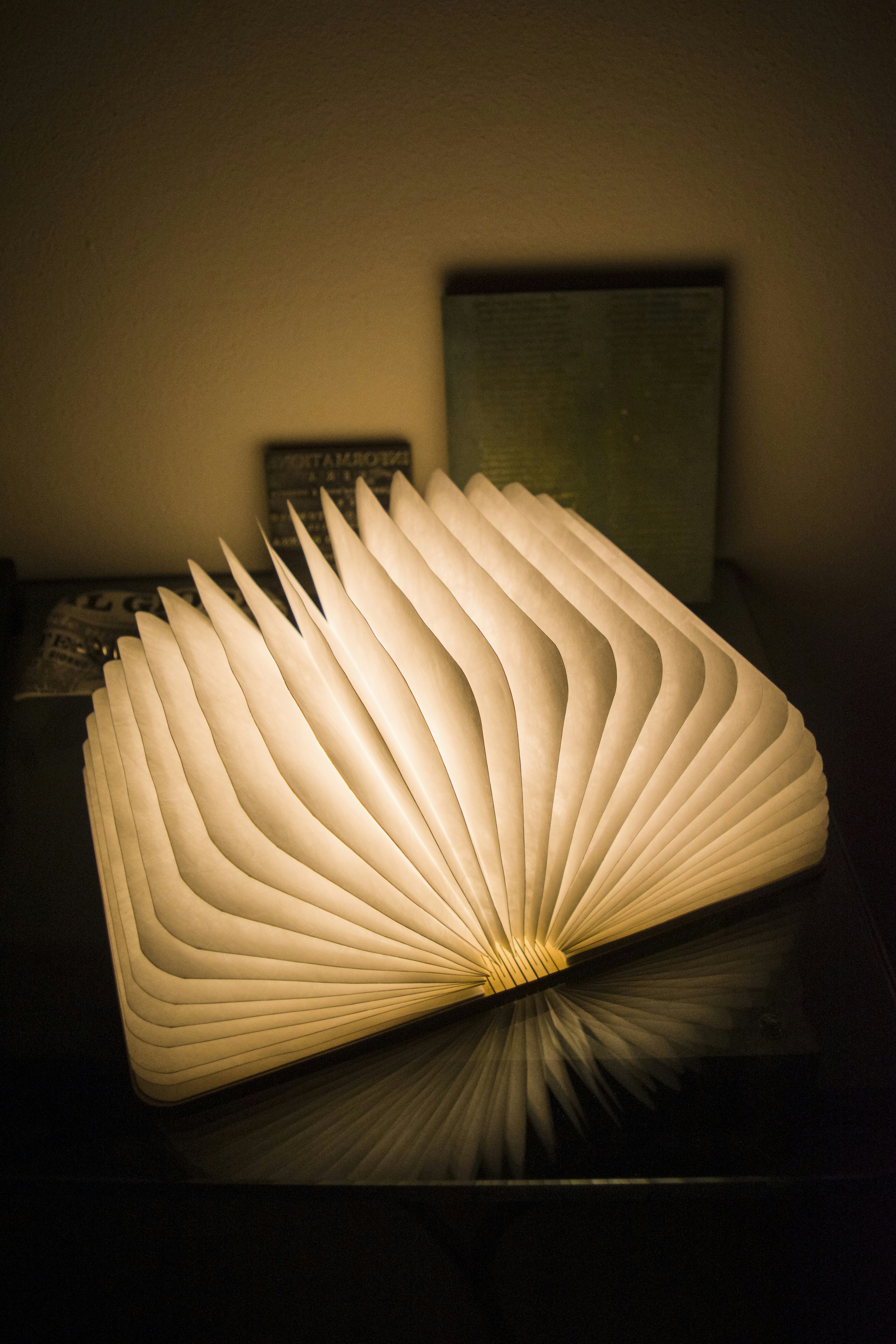 A glowing book with fanned pages rests on a dark surface, casting soft light and shadows. The serene ambiance invites contemplation.