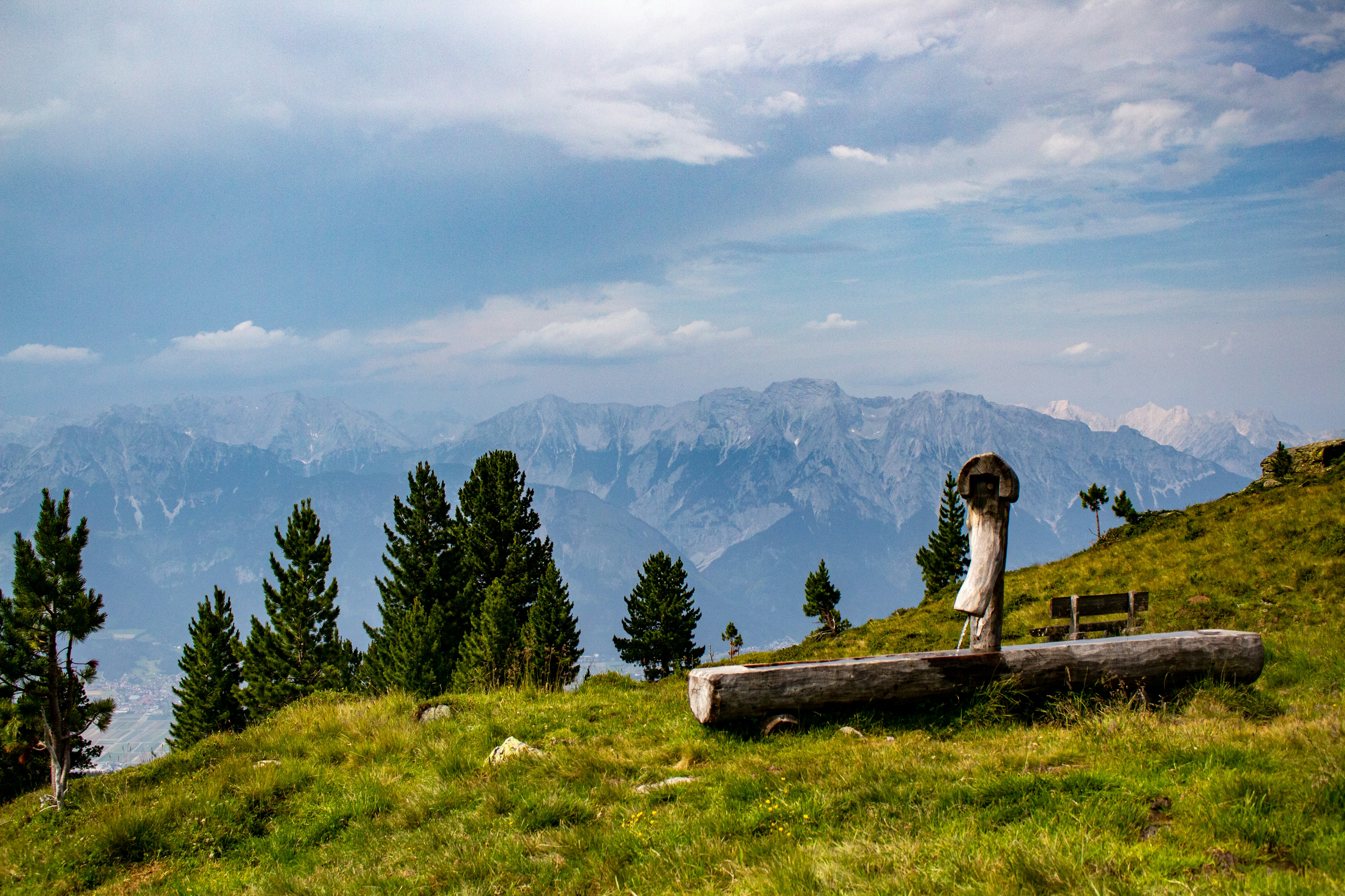 Alpine Meadow Sentinel: Wooden Figure on a Log Bench Over the Valley