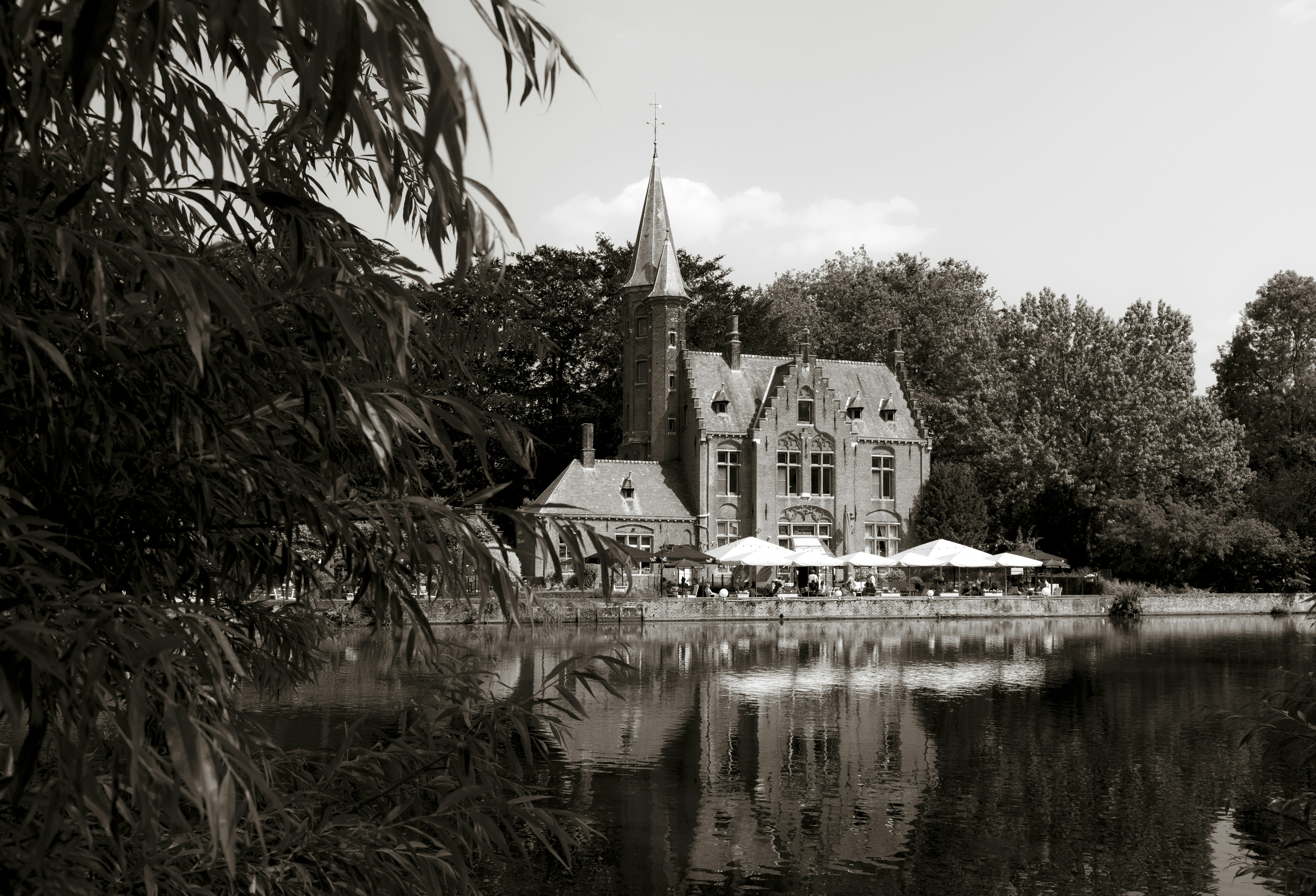 Sepia-toned scene of a Gothic-style building with tall spire reflecting in a calm lake, framed by lush foliage.