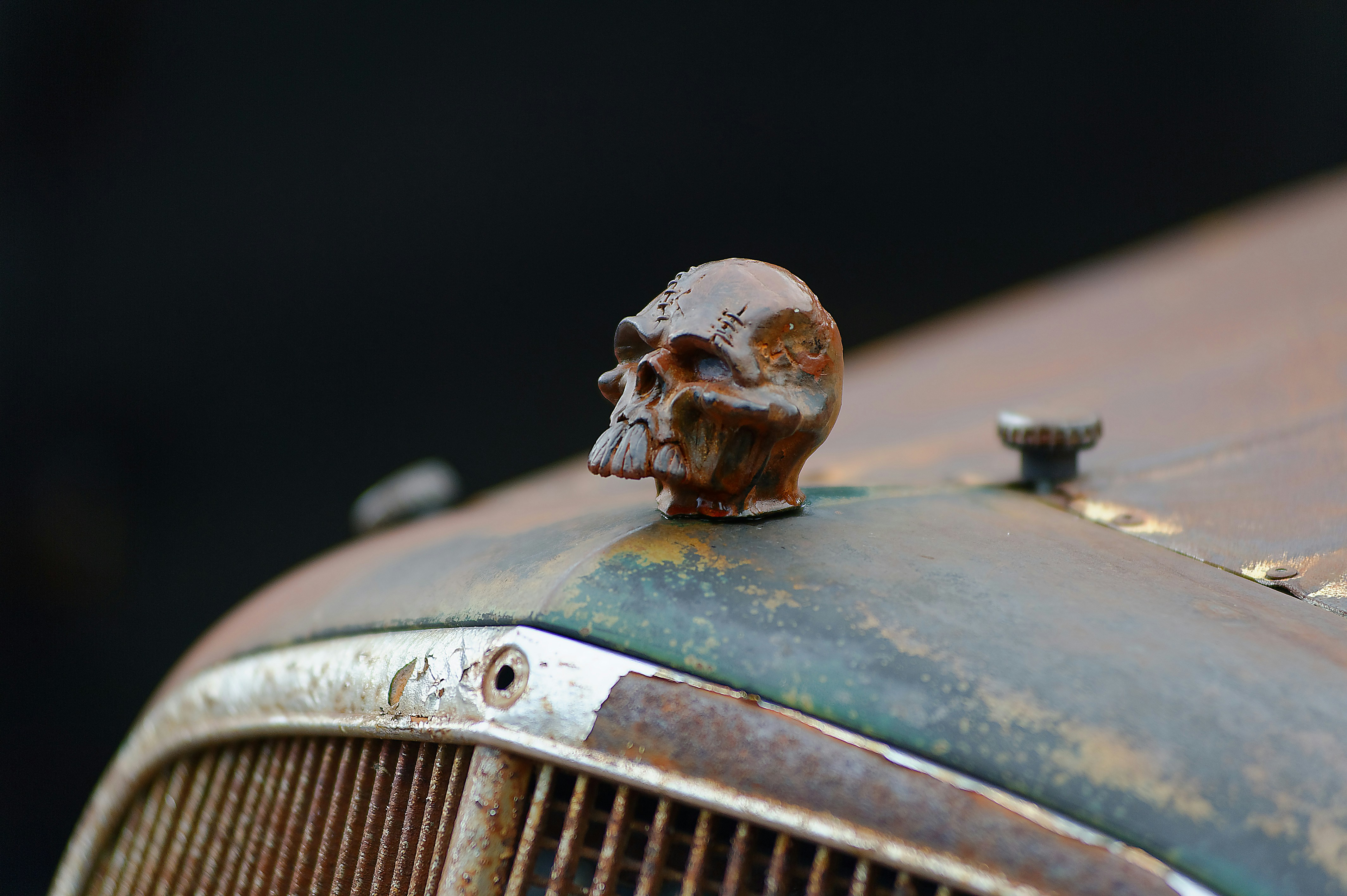 A weathered skull ornament rests atop the hood of an antique car, showcasing the interplay of decay and craftsmanship. The rusted metal surface adds character to the scene.