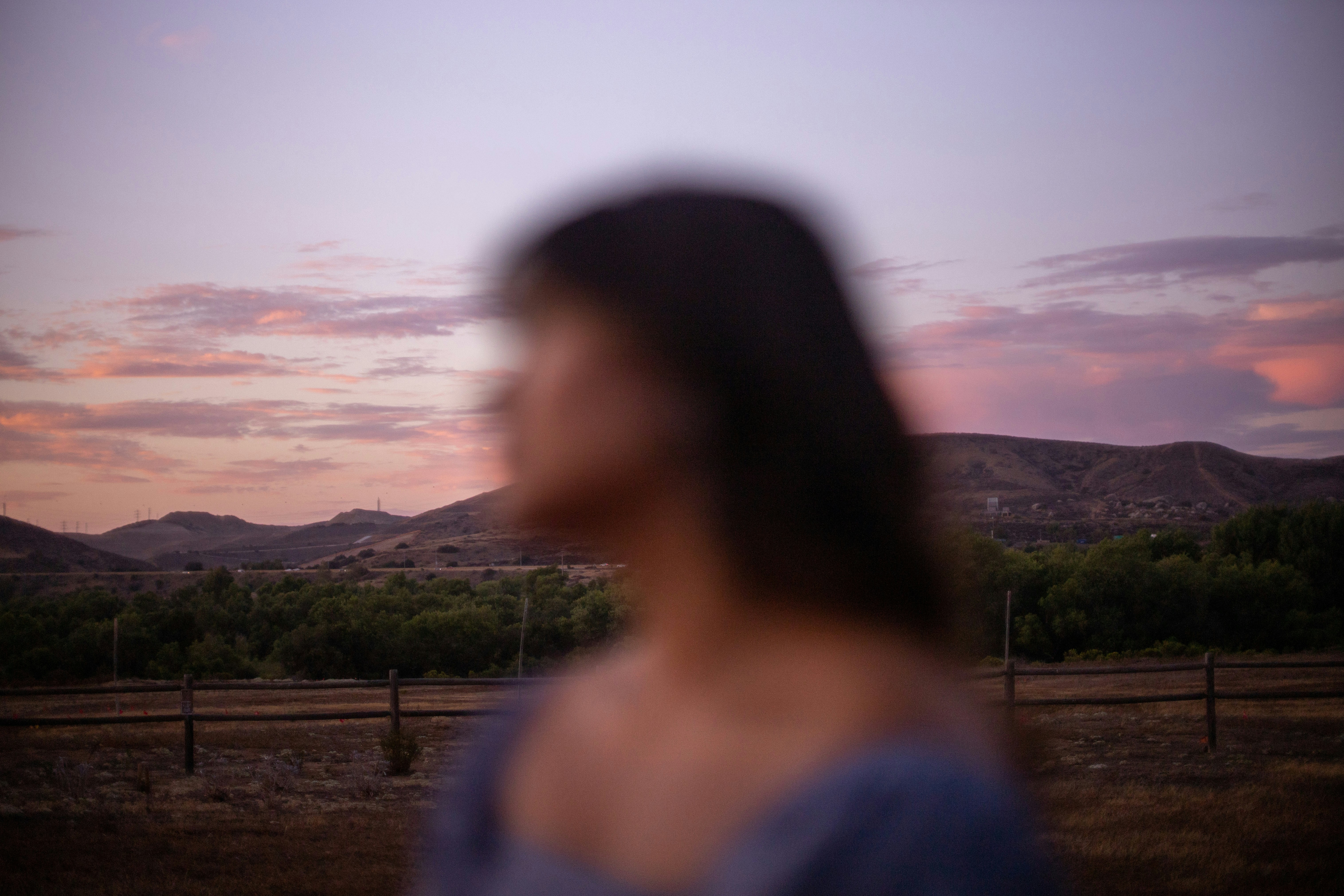 A blurred silhouette of a person against a softly lit landscape at twilight, capturing the essence of fleeting moments.