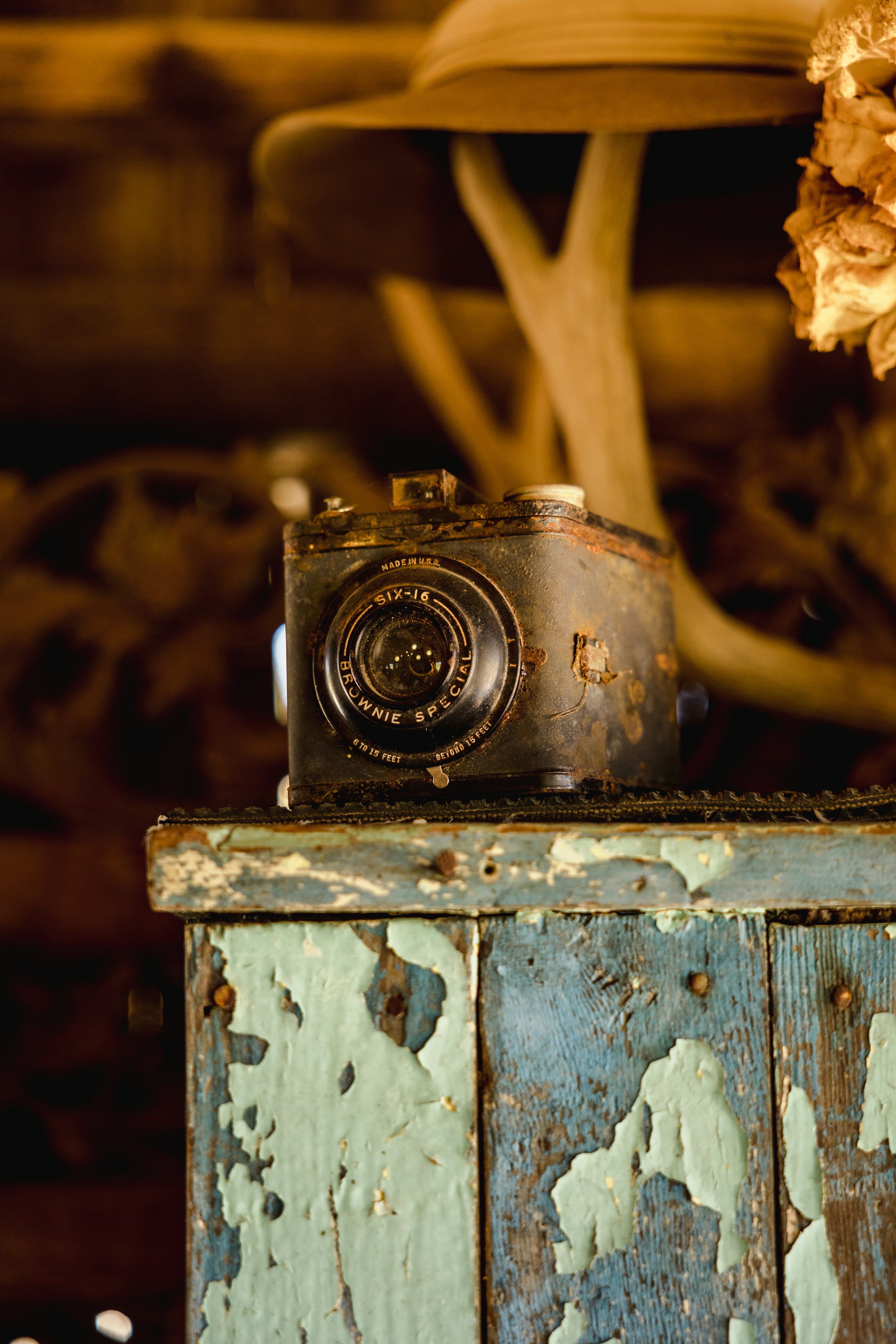 Vintage Camera Guarded by the Weathered Cabinet