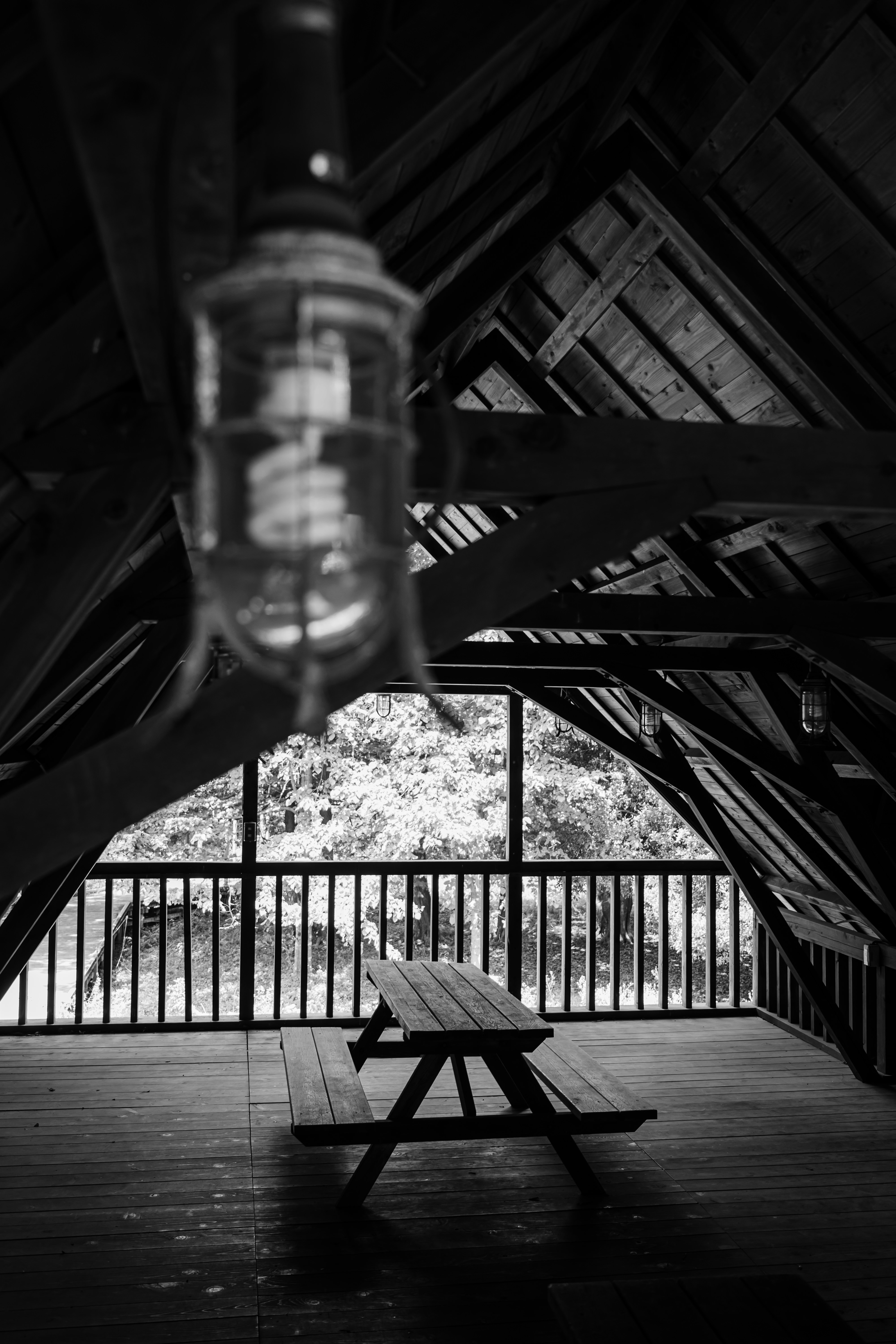 Shadowed Pavilion: A Lone Picnic Table Beneath Timber Arches