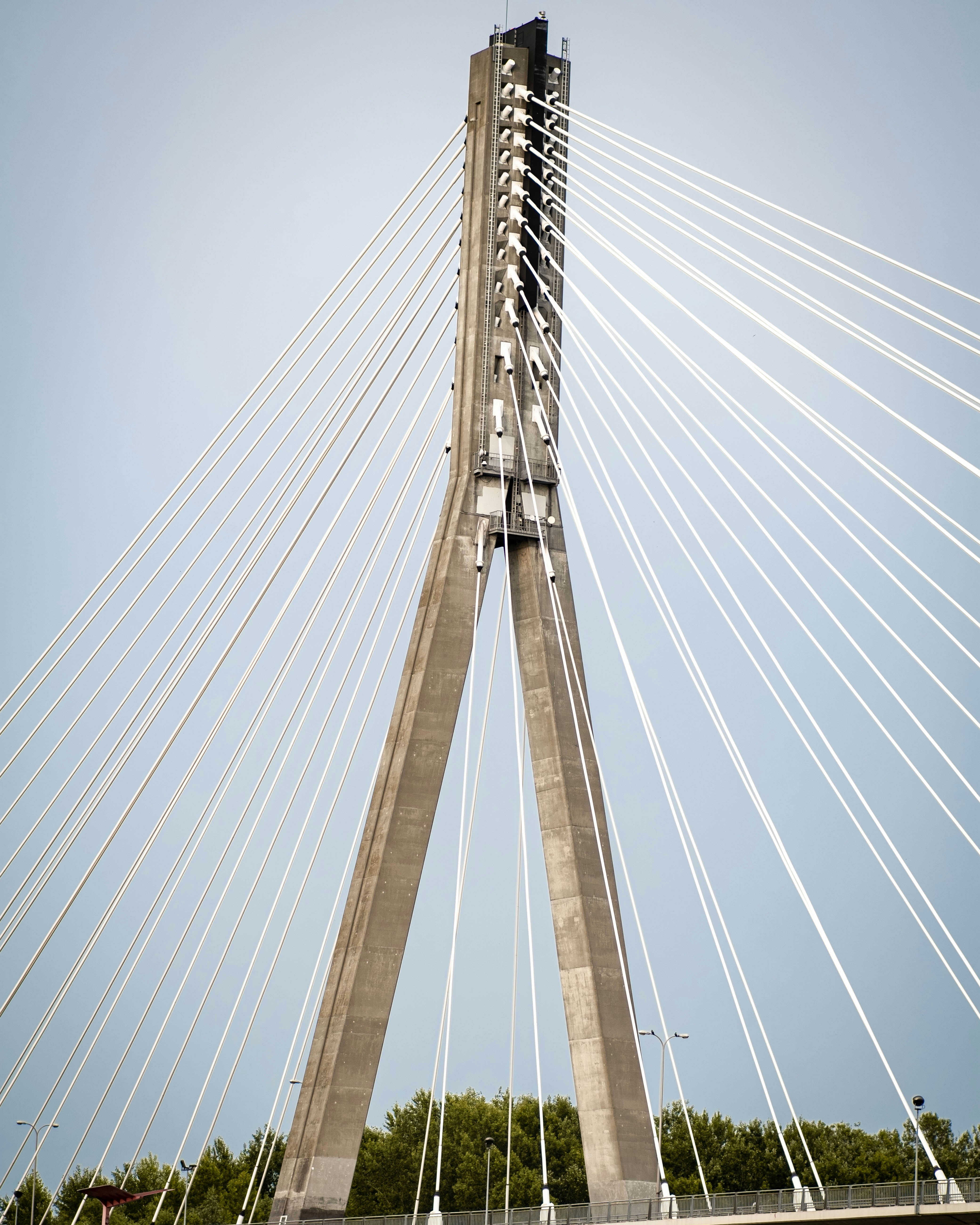 A striking cable-stayed bridge tower, showcasing its geometric design and intricate cable work against a serene sky.