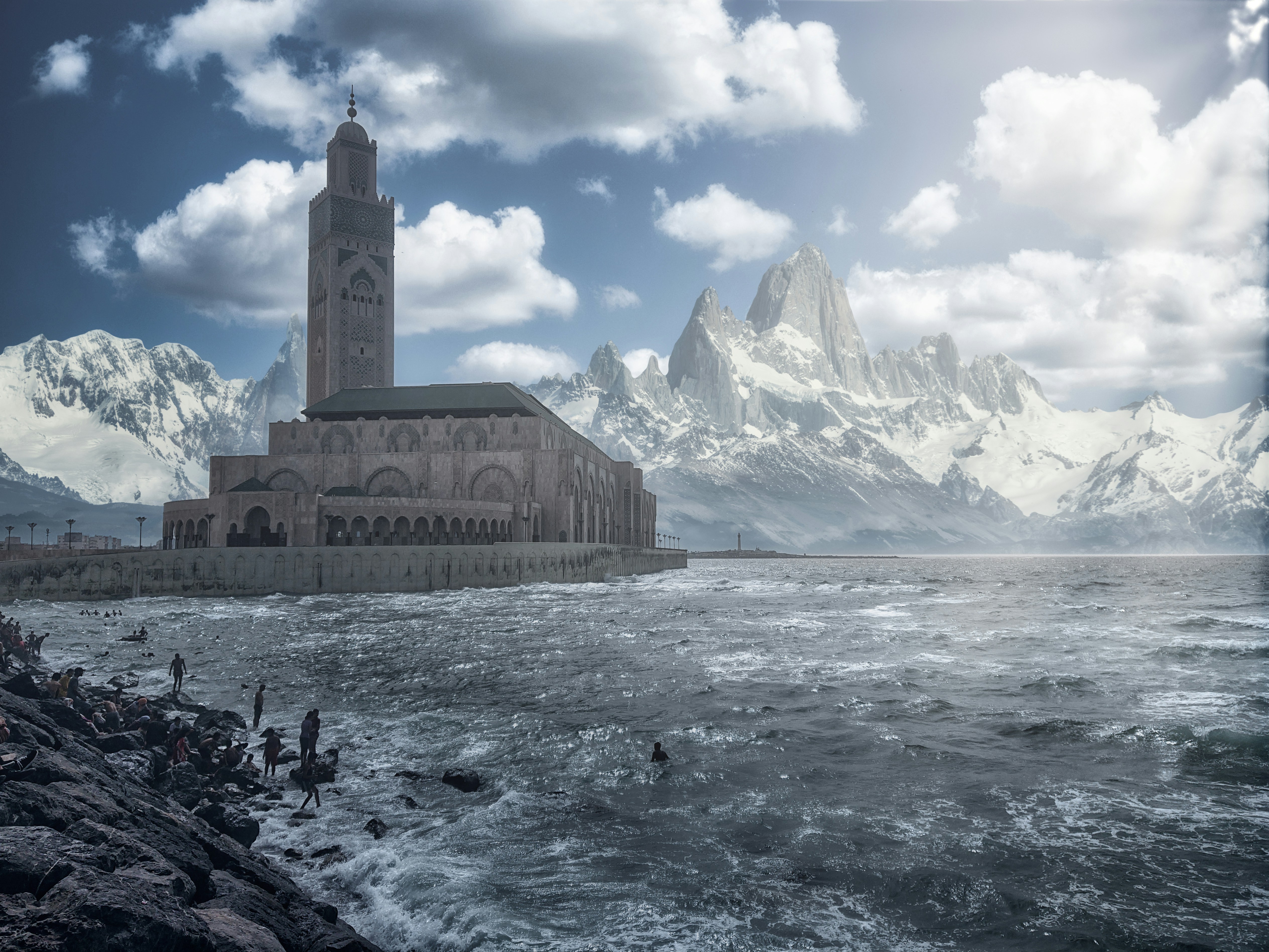 Illustration of a grand mosque by a snowy coast with towering mountains in the background under a cloudy sky.