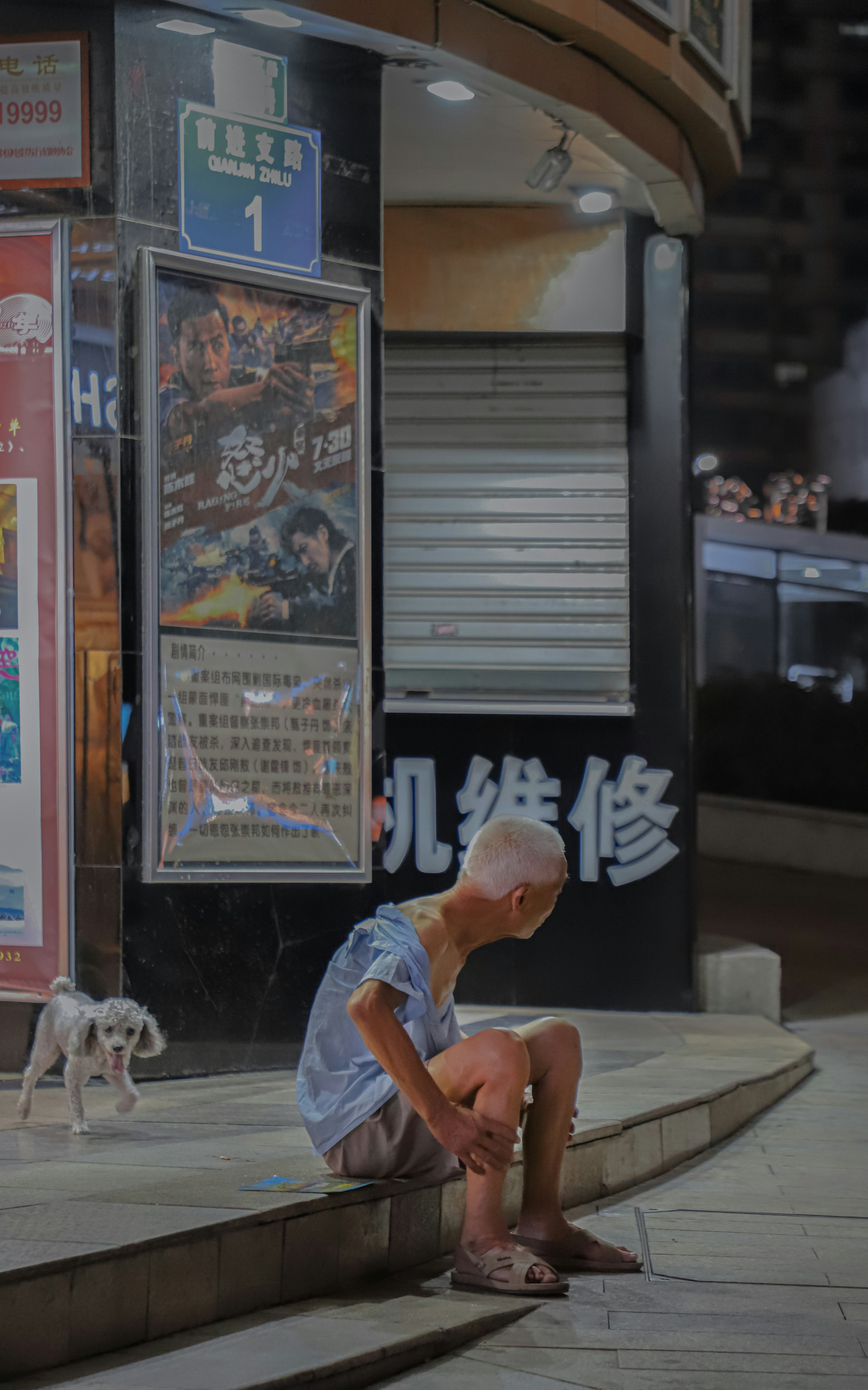 Curbside Pause under Neon Posters: An Elderly Man and a Wandering Dog