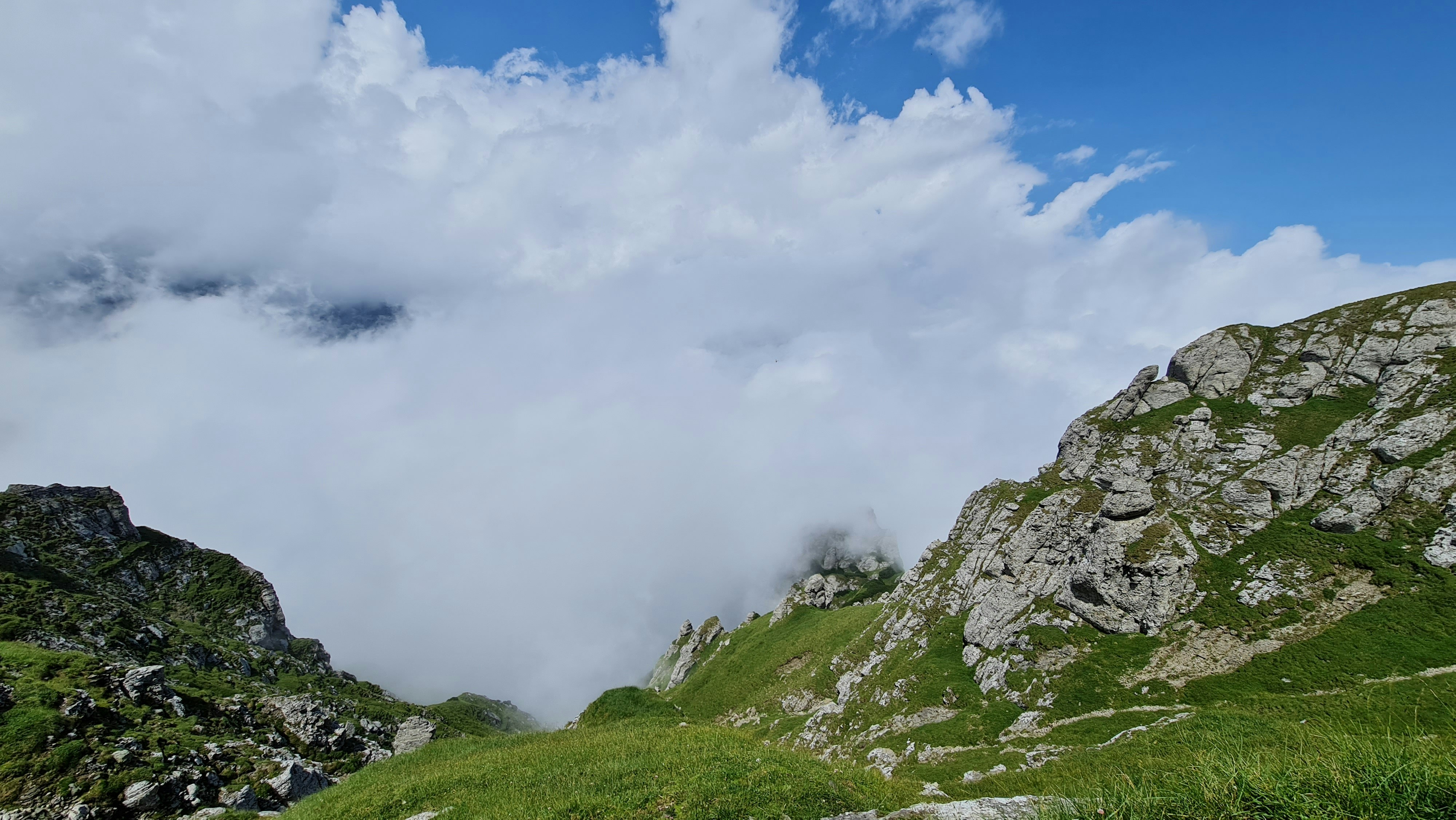 A dramatic landscape featuring rocky outcrops emerging from a sea of clouds, framed by a vibrant blue sky. The lush greenery adds a touch of life to the rugged terrain.