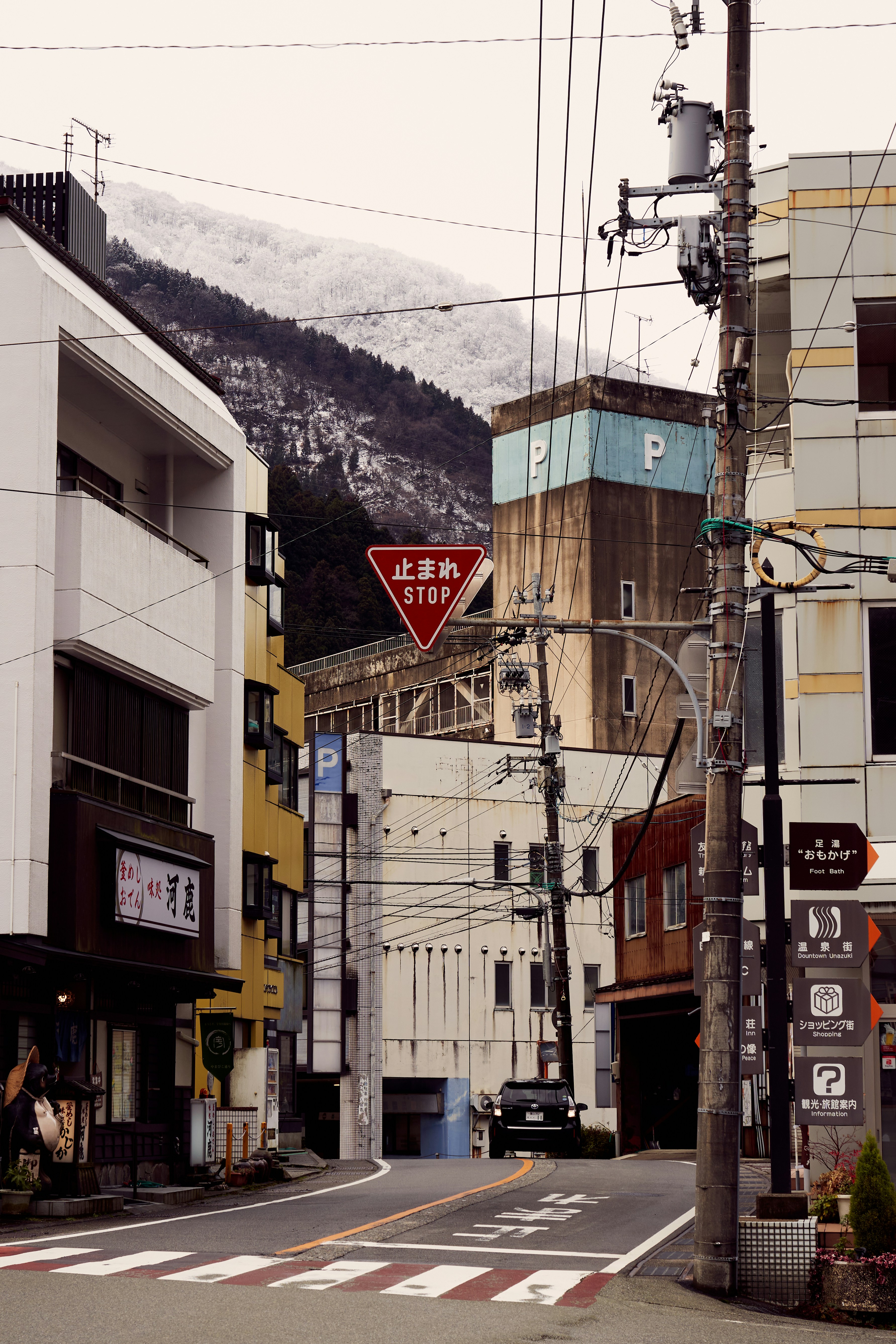Red Stop Sign Anchors a Quiet Street Toward Snow-Dusted Mountains