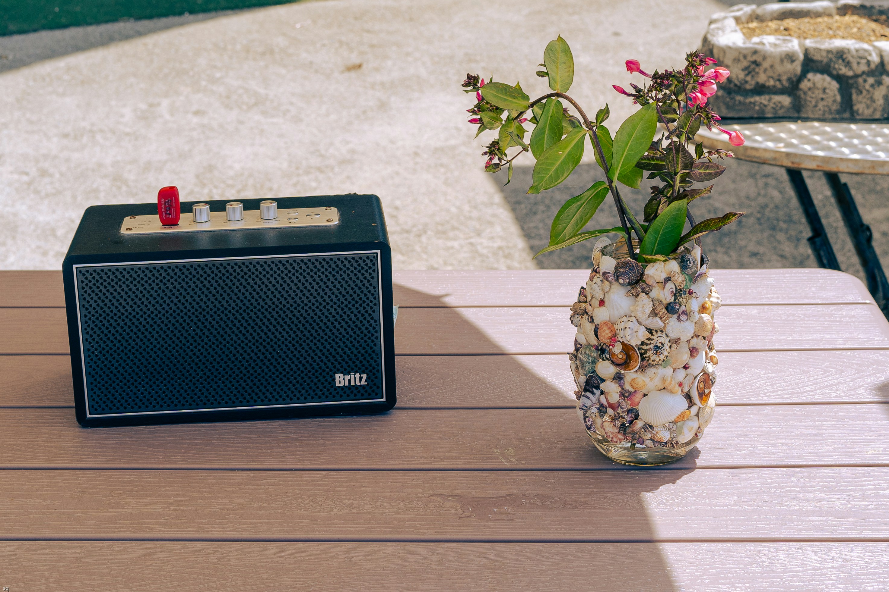 A stylish speaker sits beside a vase adorned with seashells and fresh flowers, capturing a serene outdoor vibe.