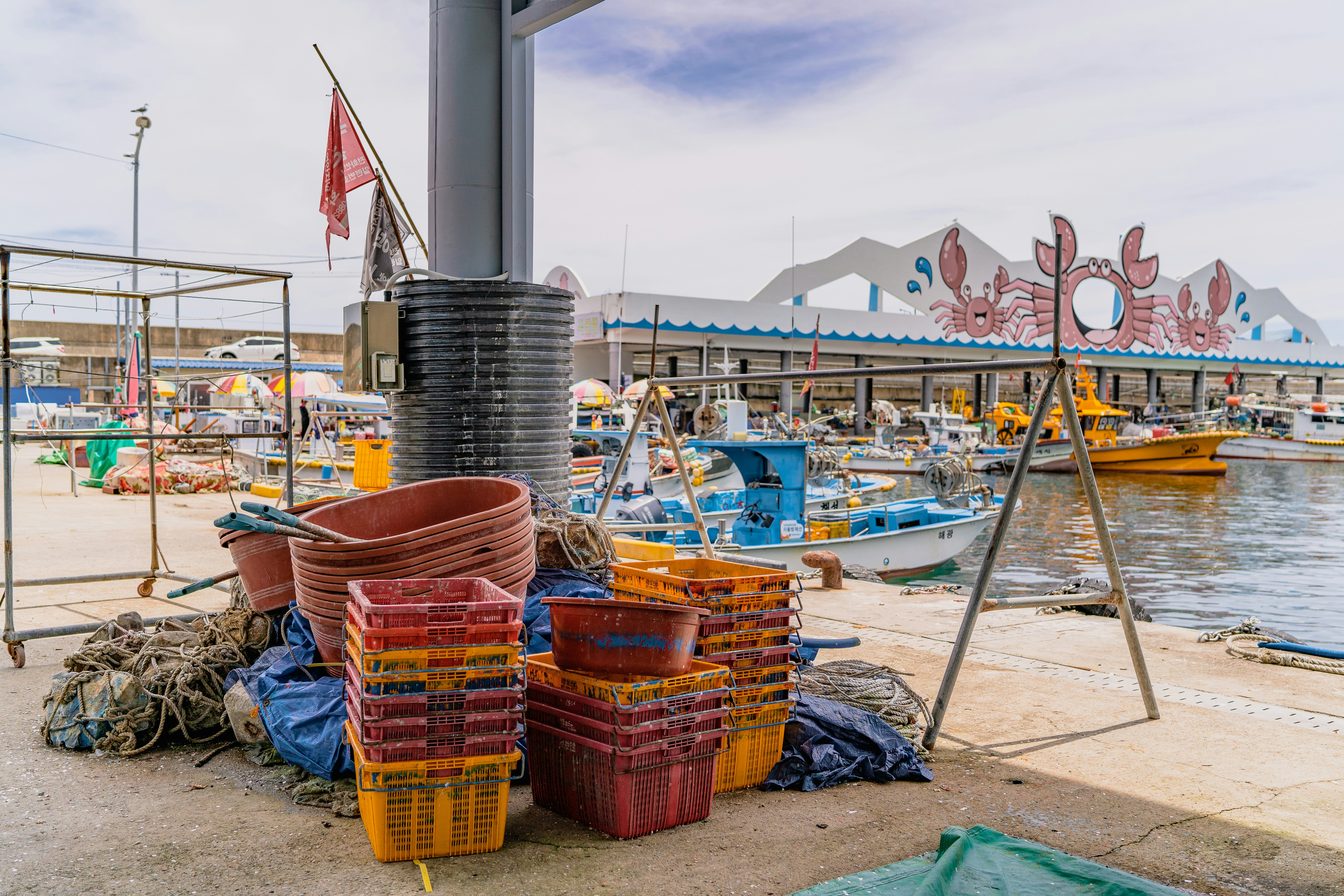 Harbor Baskets in Focus: Colorful Crates at the Quay