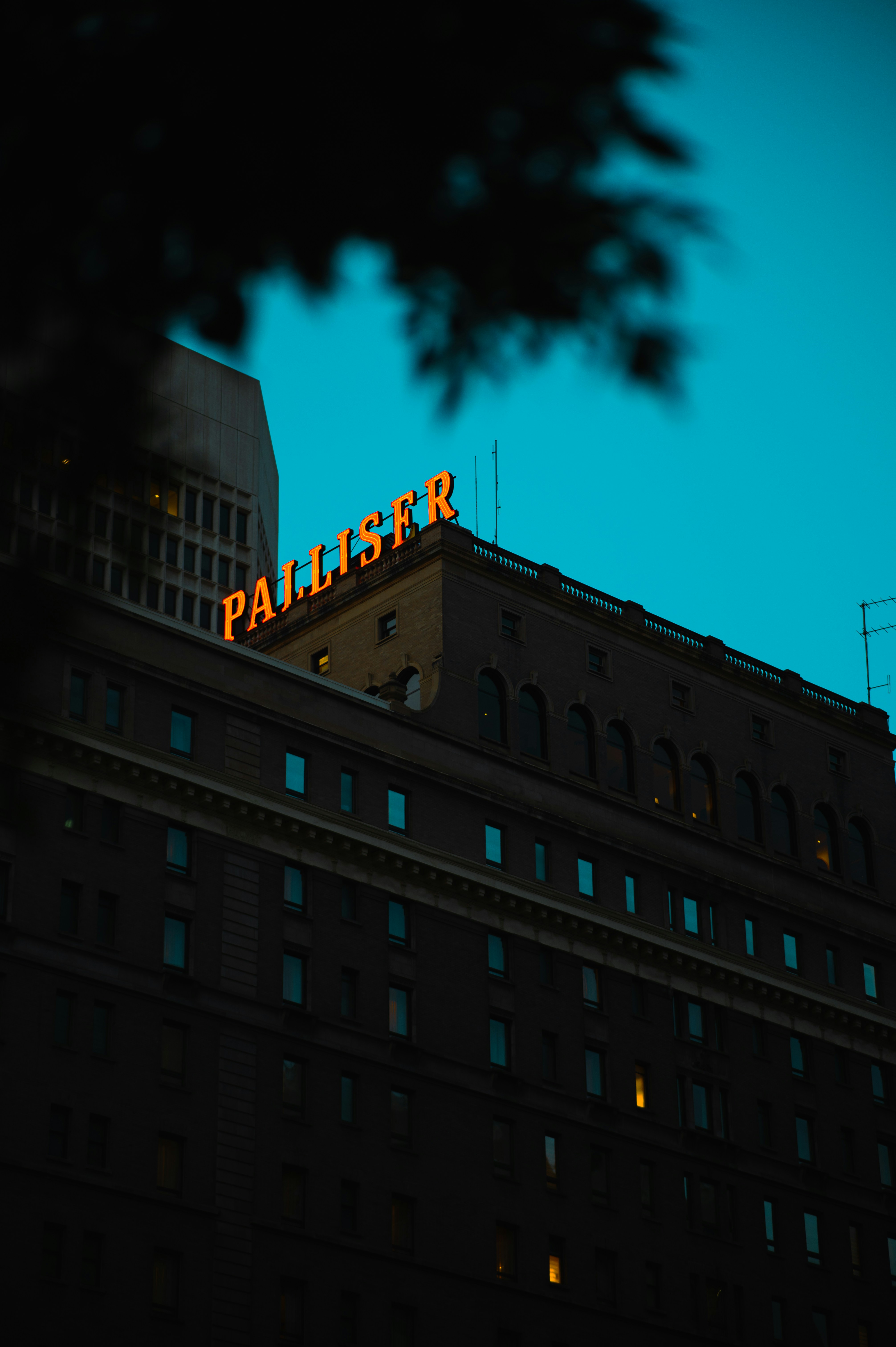 PALLISER on the Teal Dusk: Rooftop Sign in Blue Hour