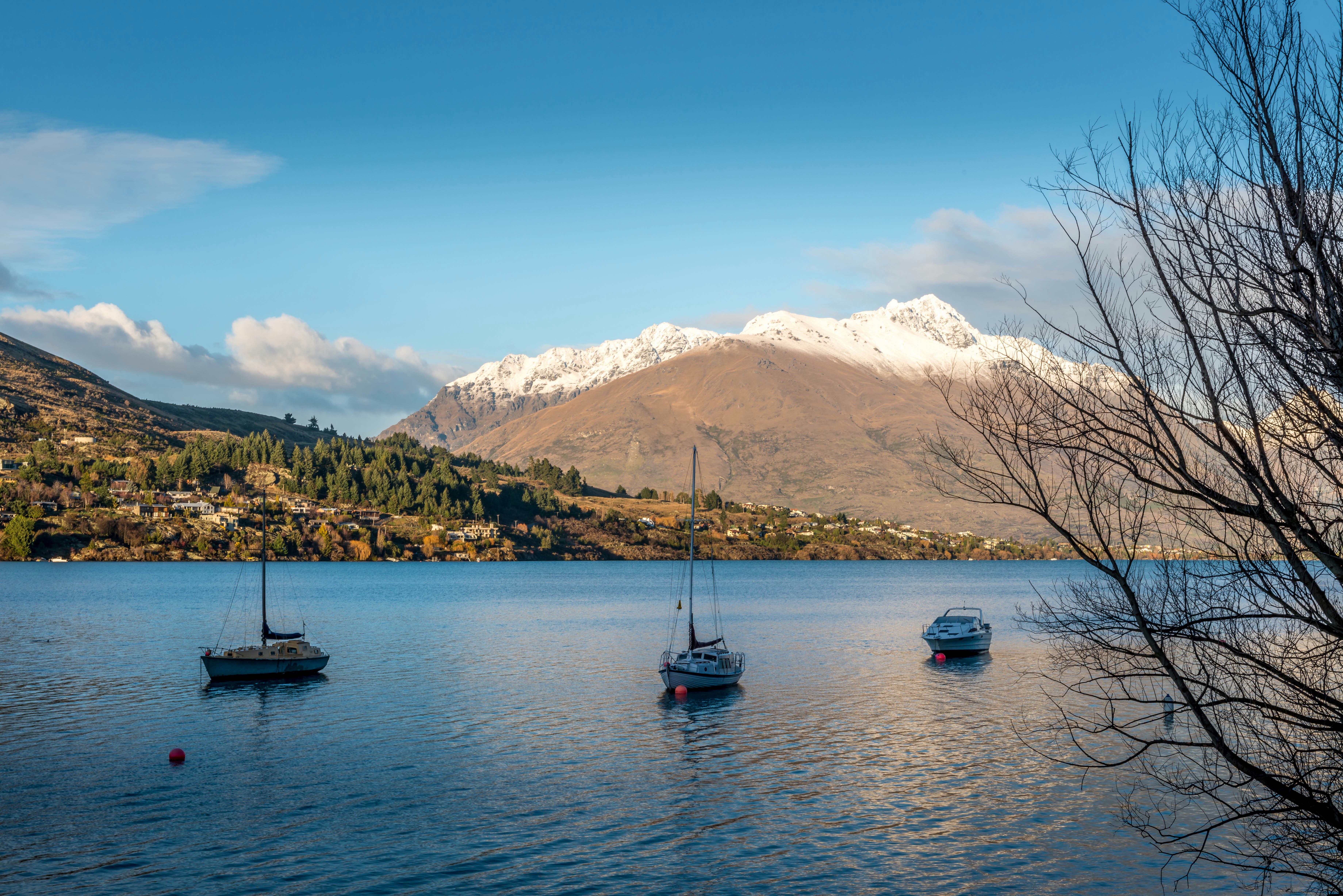 This captivating image showcases three sailboats gently floating on a tranquil lake, set against the majestic backdrop of snow-capped mountains under a clear blue sky. The composition captures the serene atmosphere with vibrant blue waters reflecting the warm golden hues of the setting sun, while bare tree branches frame the scene on the right. The contrasting elements of the crisp white peaks and lush greenery create a visually striking and harmonious landscape.