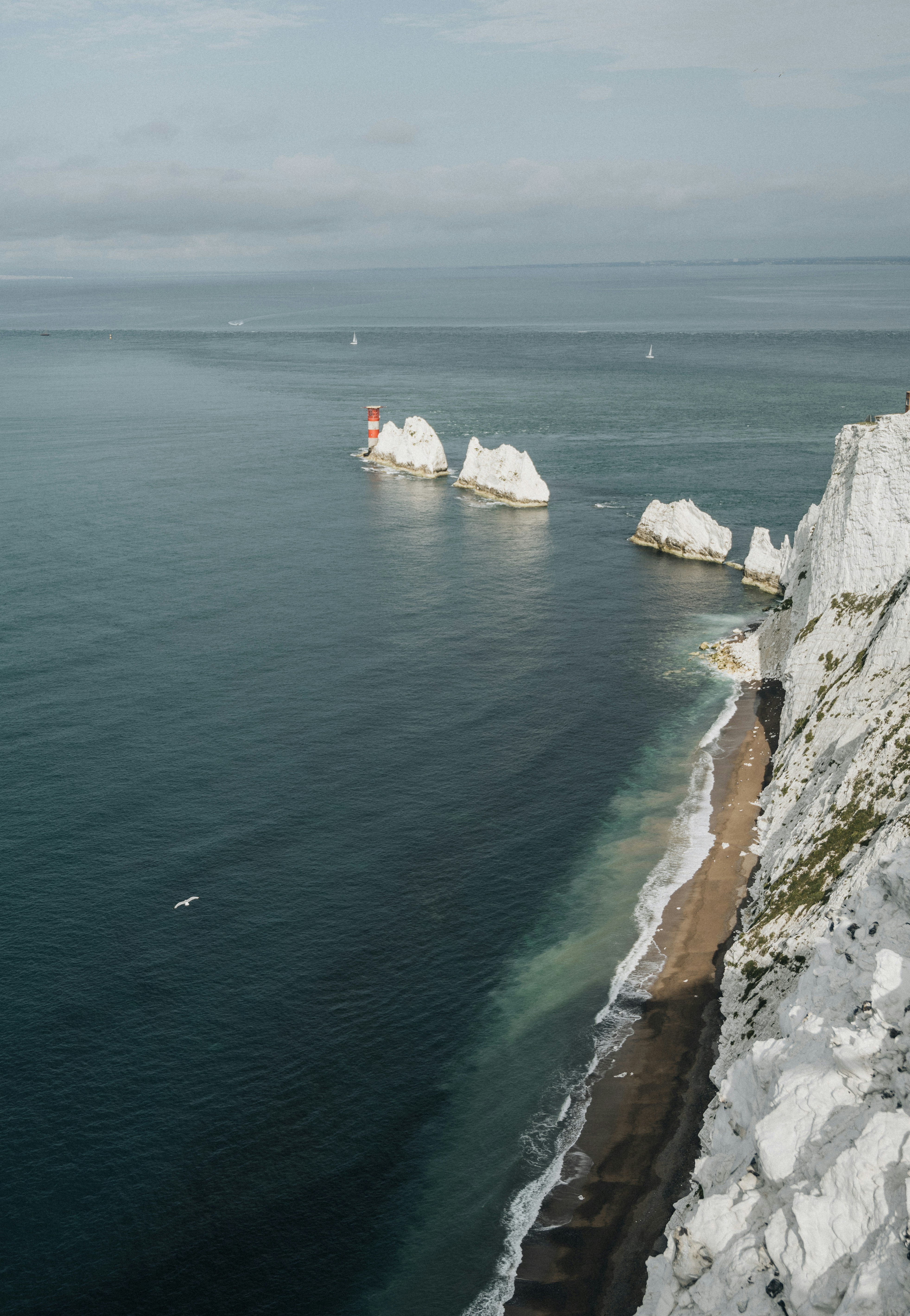 White chalk cliffs meet the serene sea, with a lighthouse standing sentinel among rocky outcrops. The tranquil shoreline invites exploration.