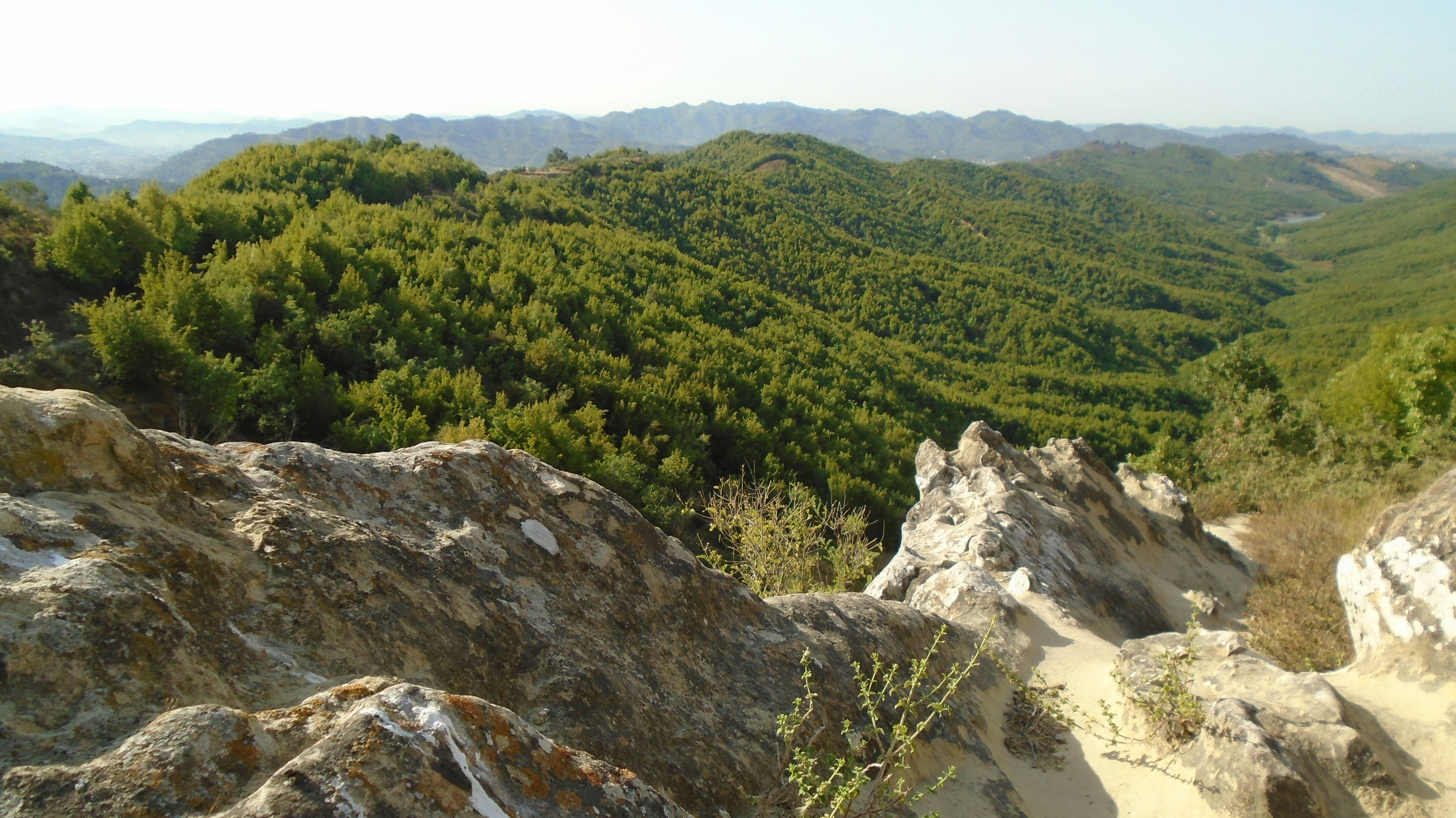 Rugged granite rocks in the foreground with rolling emerald hills beyond under a clear sky.
