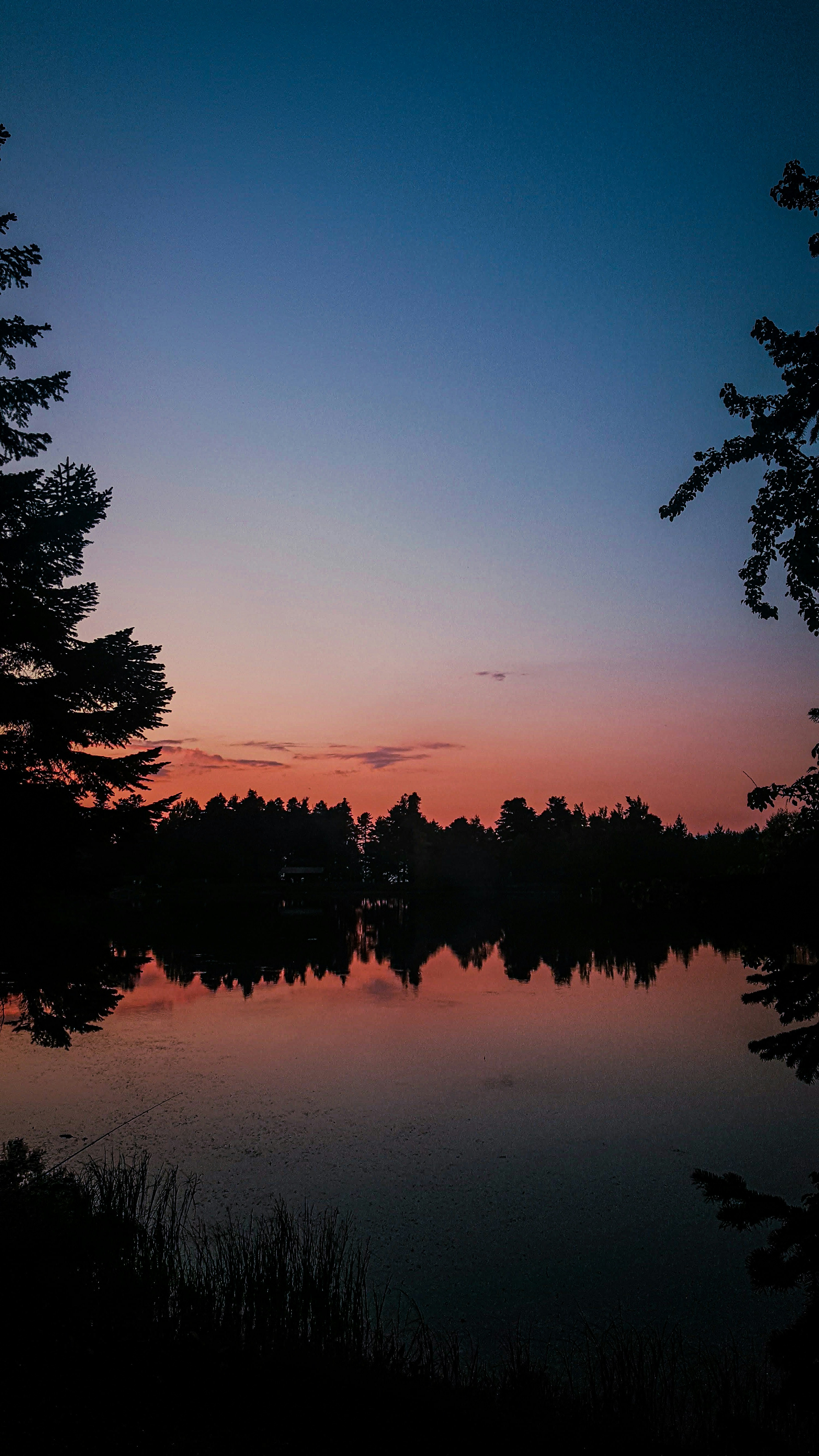 A tranquil lake at dusk, framed by silhouettes of trees, reflecting the soft hues of the evening sky.