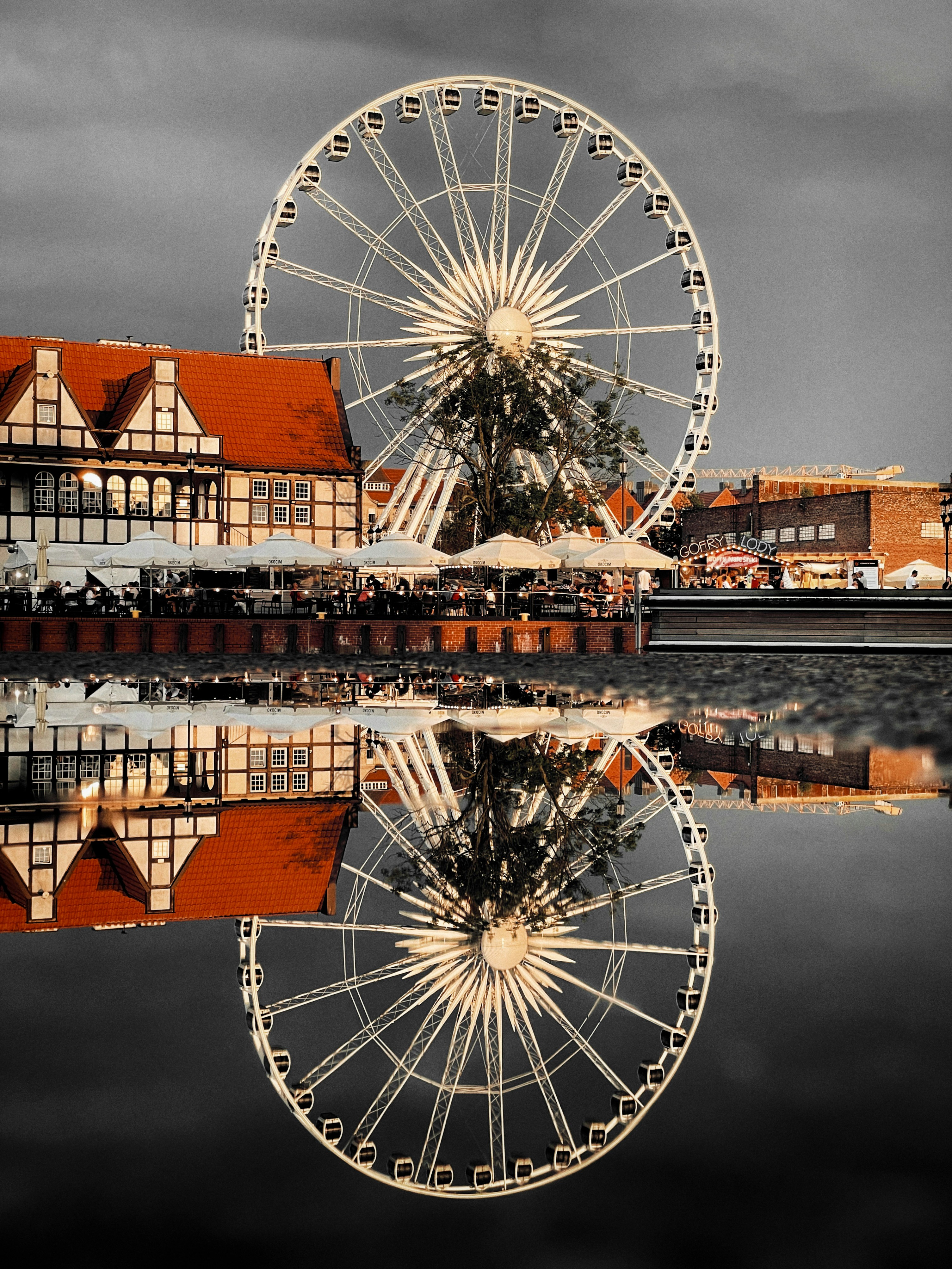Ferris wheel towering over a picturesque riverside scene, mirrored in calm waters below.