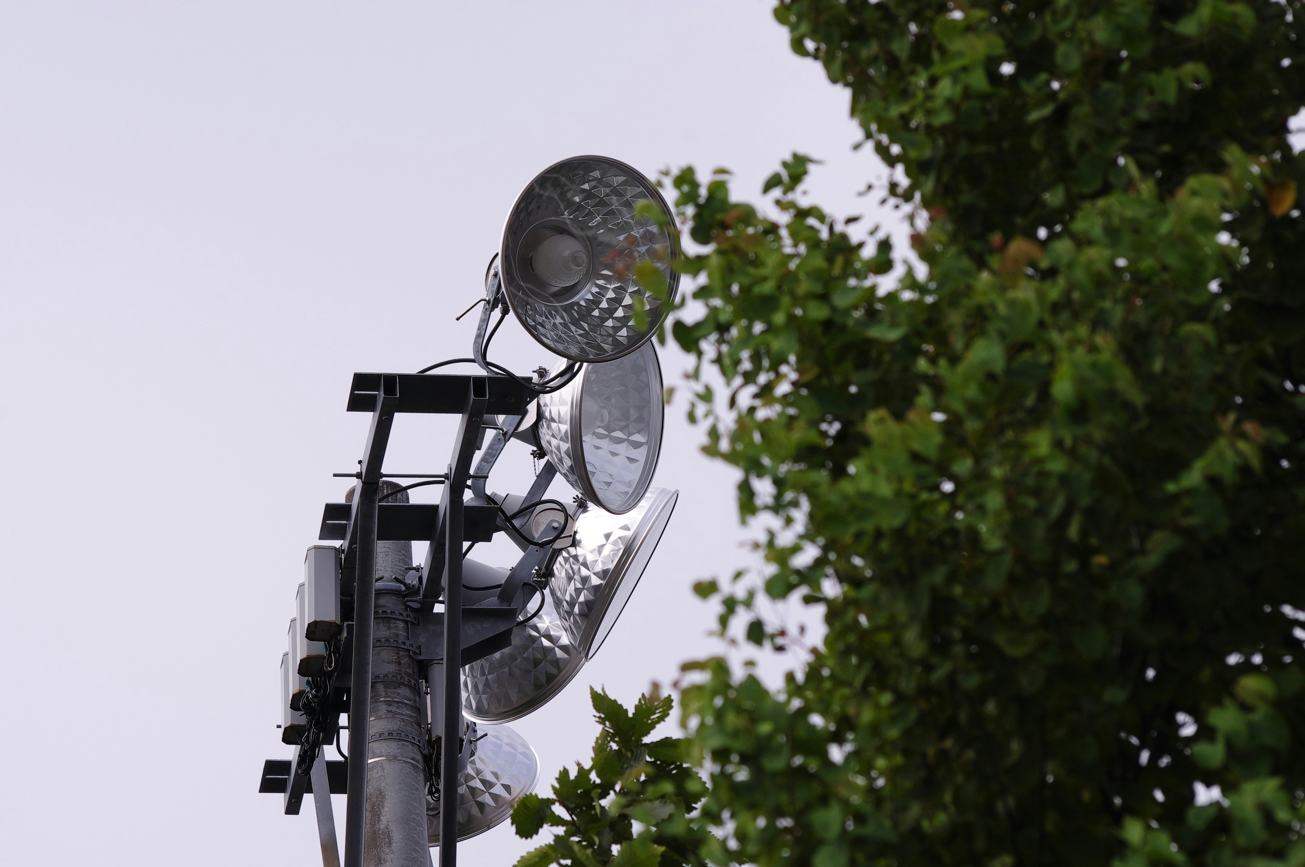 Industrial Floodlight Array Against a Quiet Sky and Green Canopy