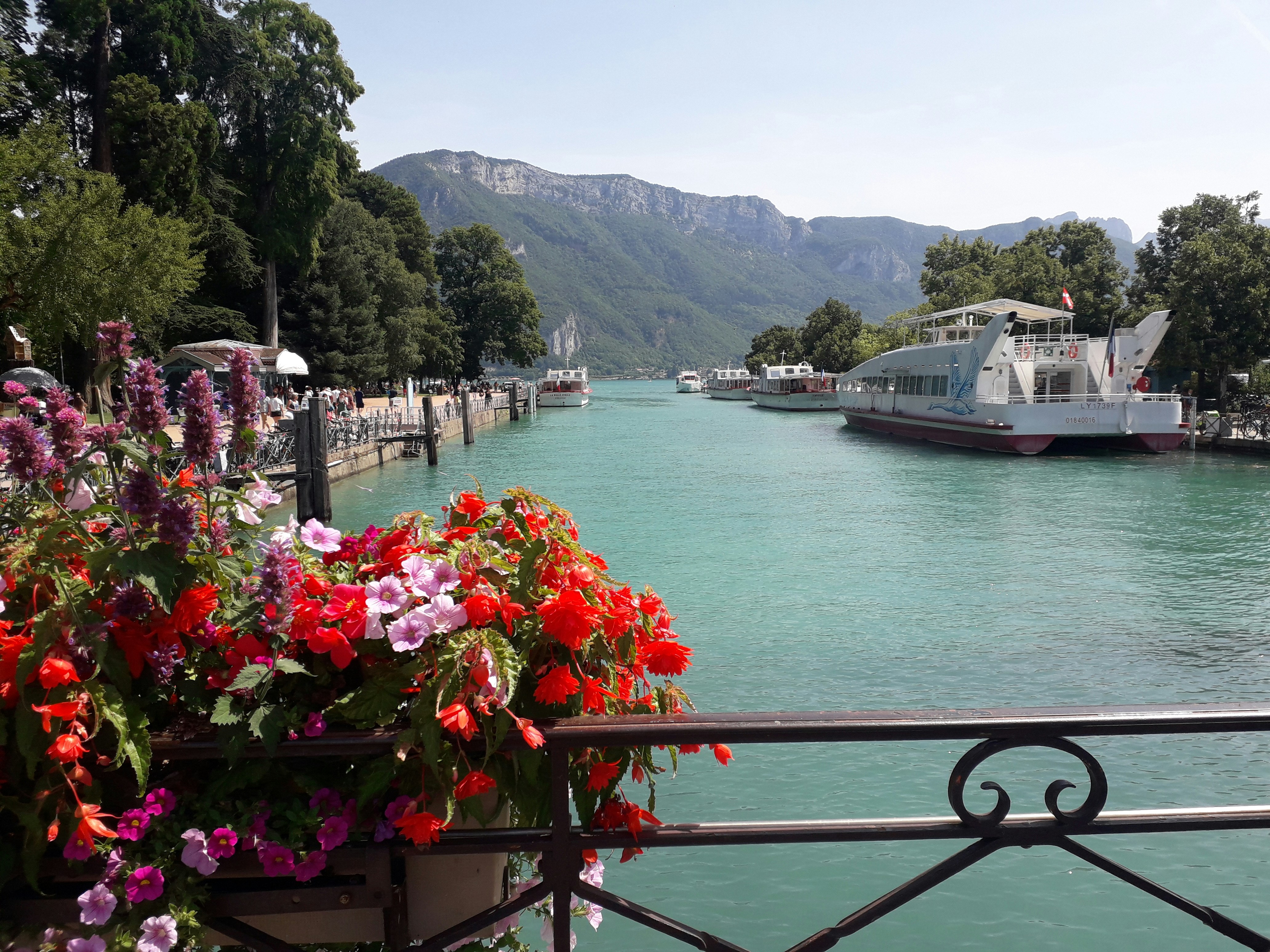 Vibrant flowers in the foreground frame a tranquil lake scene with boats and mountains in the background. The clear turquoise water reflects the surrounding greenery.