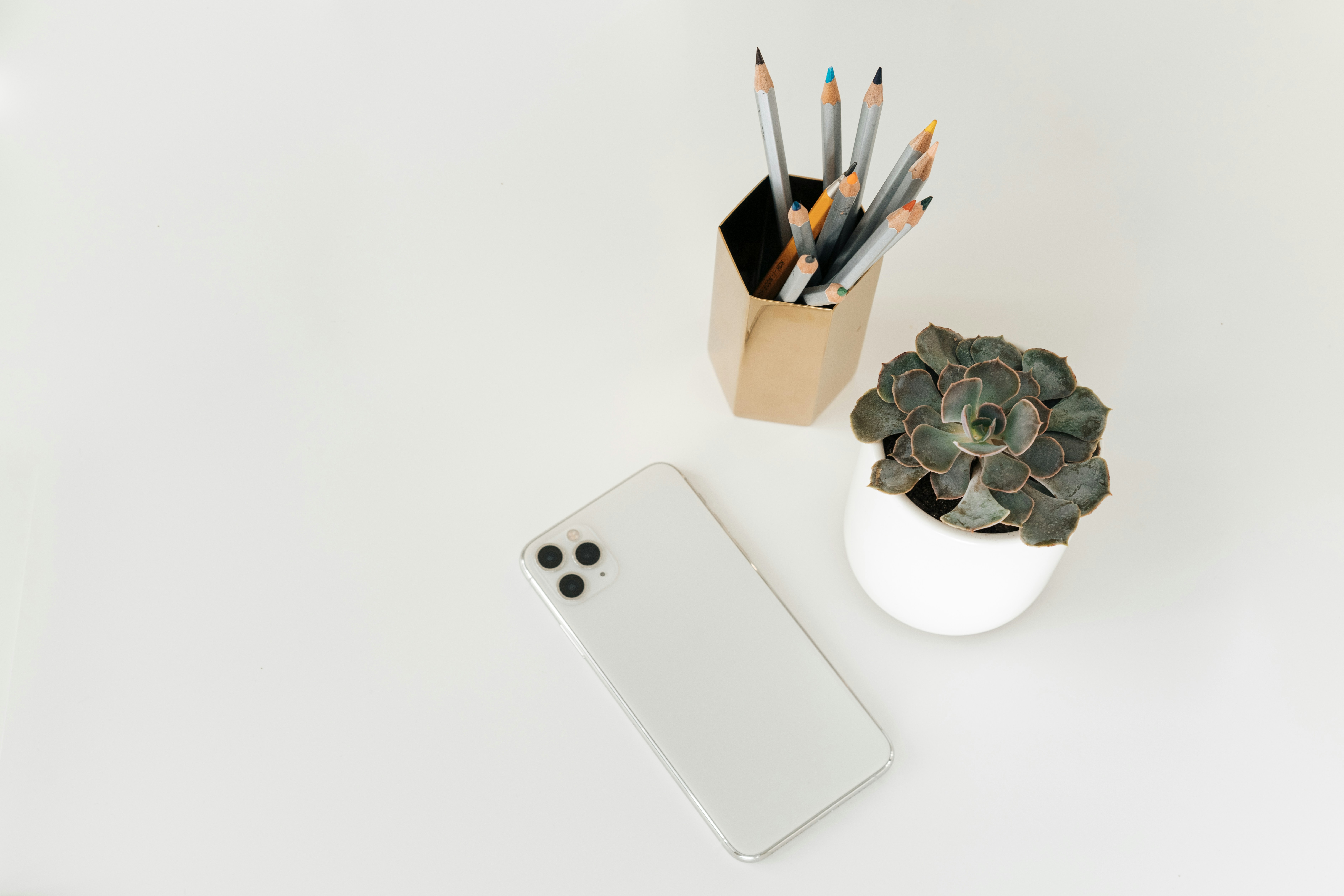 Minimal Flat-Lay: White Phone, Wooden Pencil Cup, and Succulent on a Pristine Desk