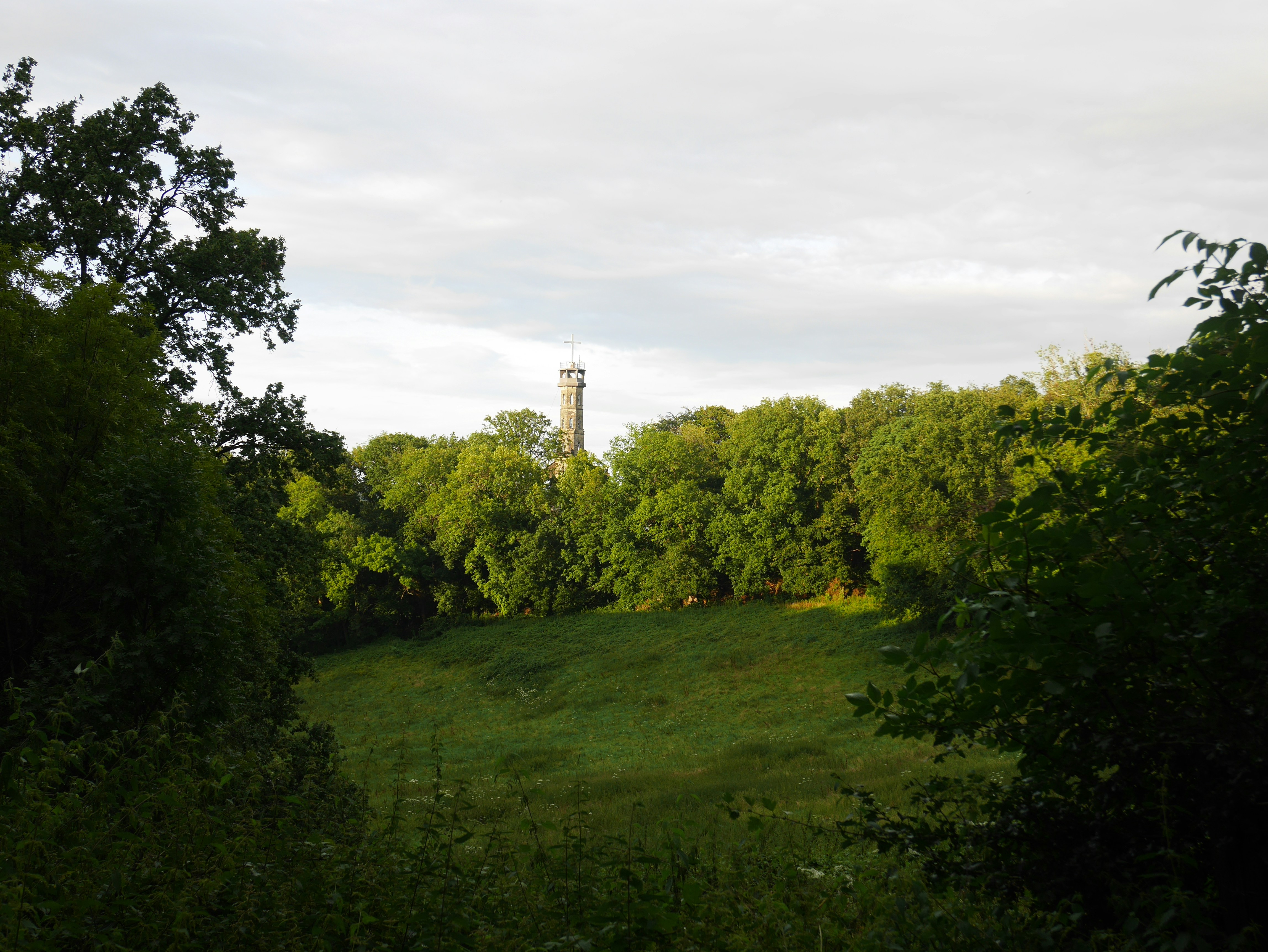 A historic tower peeks through a lush green landscape, framed by dense foliage. The serene setting invites exploration.