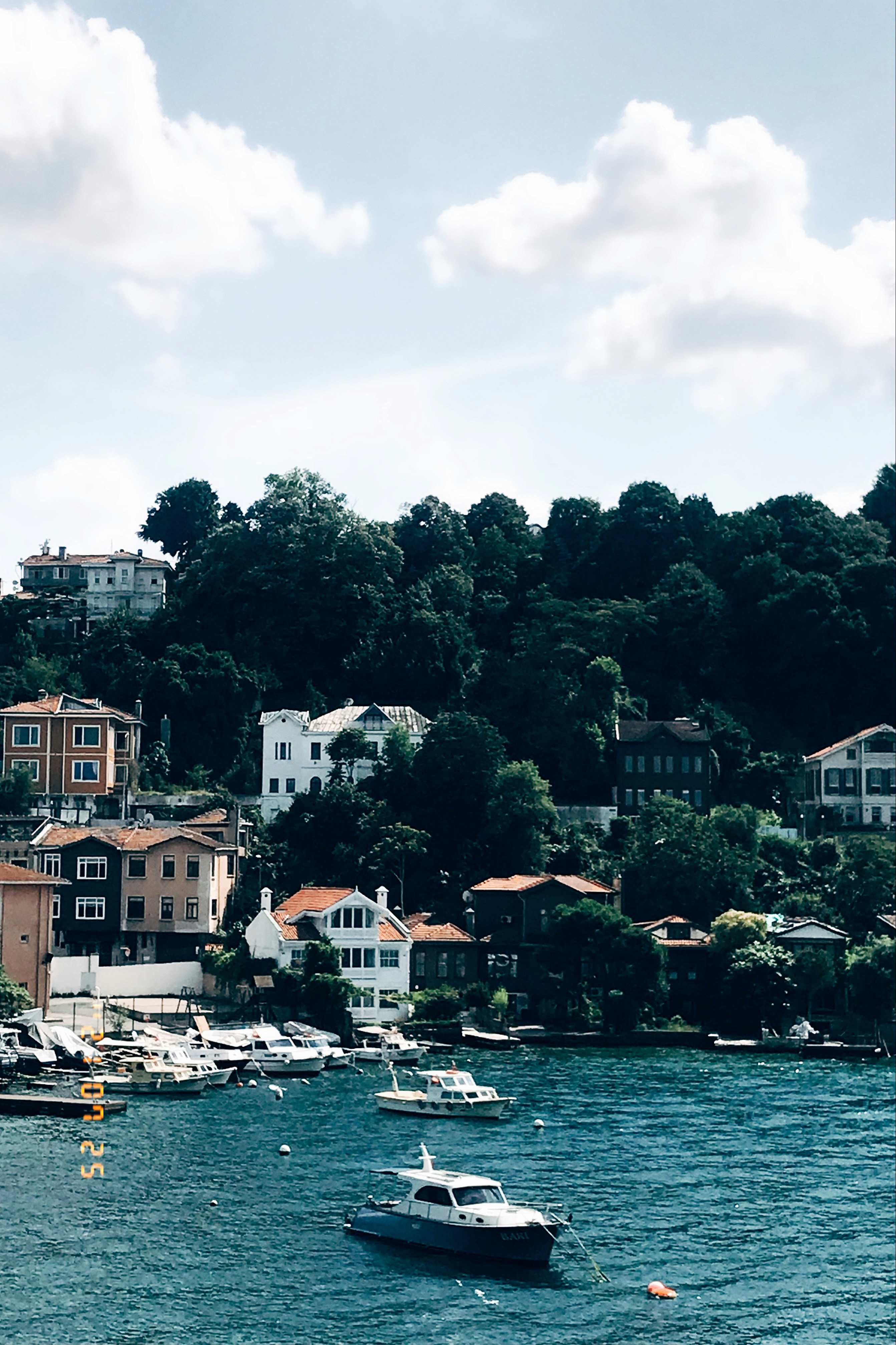 Boats at a Quiet Cove Framed by a Hillside Village