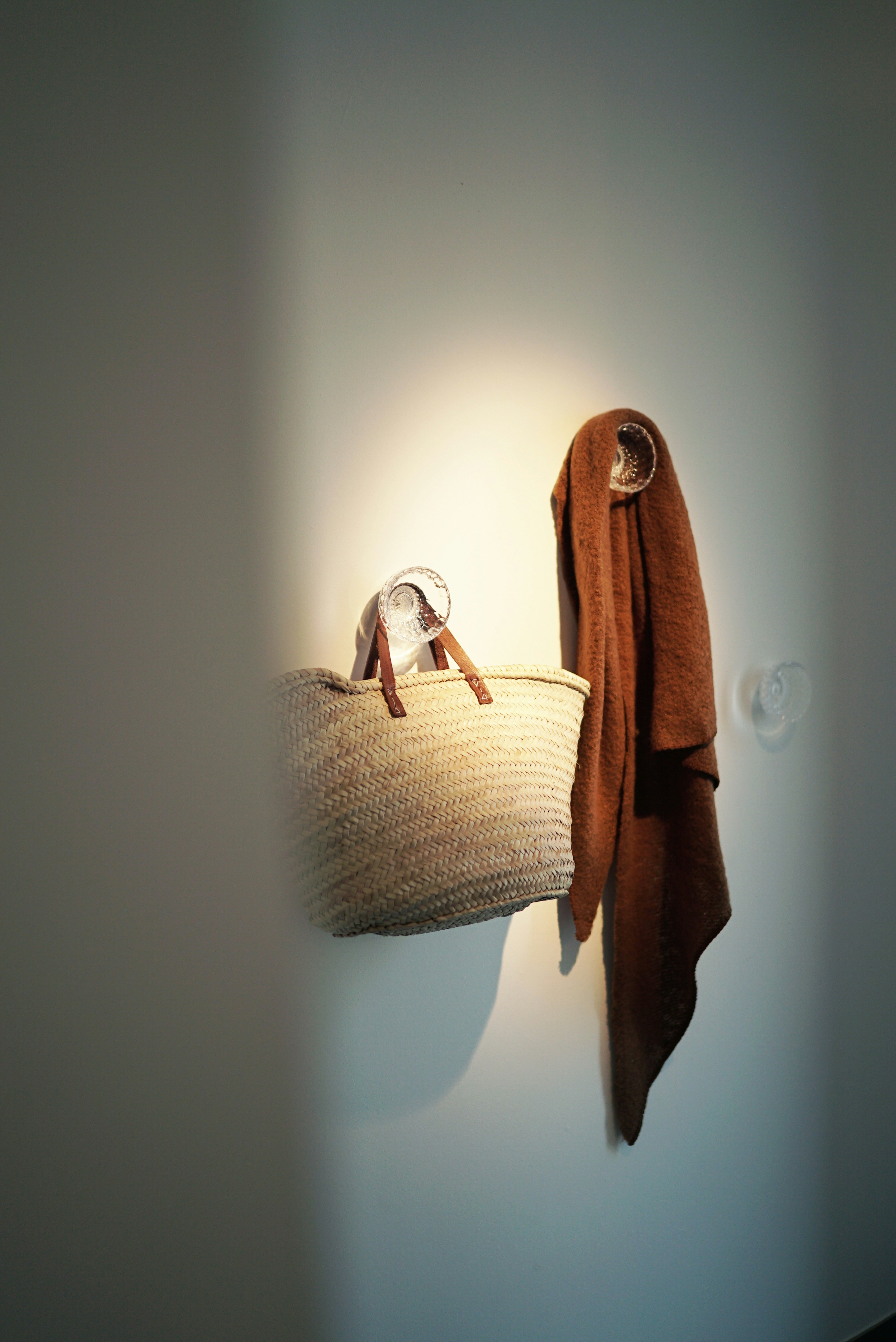 Warm Glow, Quiet Still Life: Woven Basket and Towel by the Wall