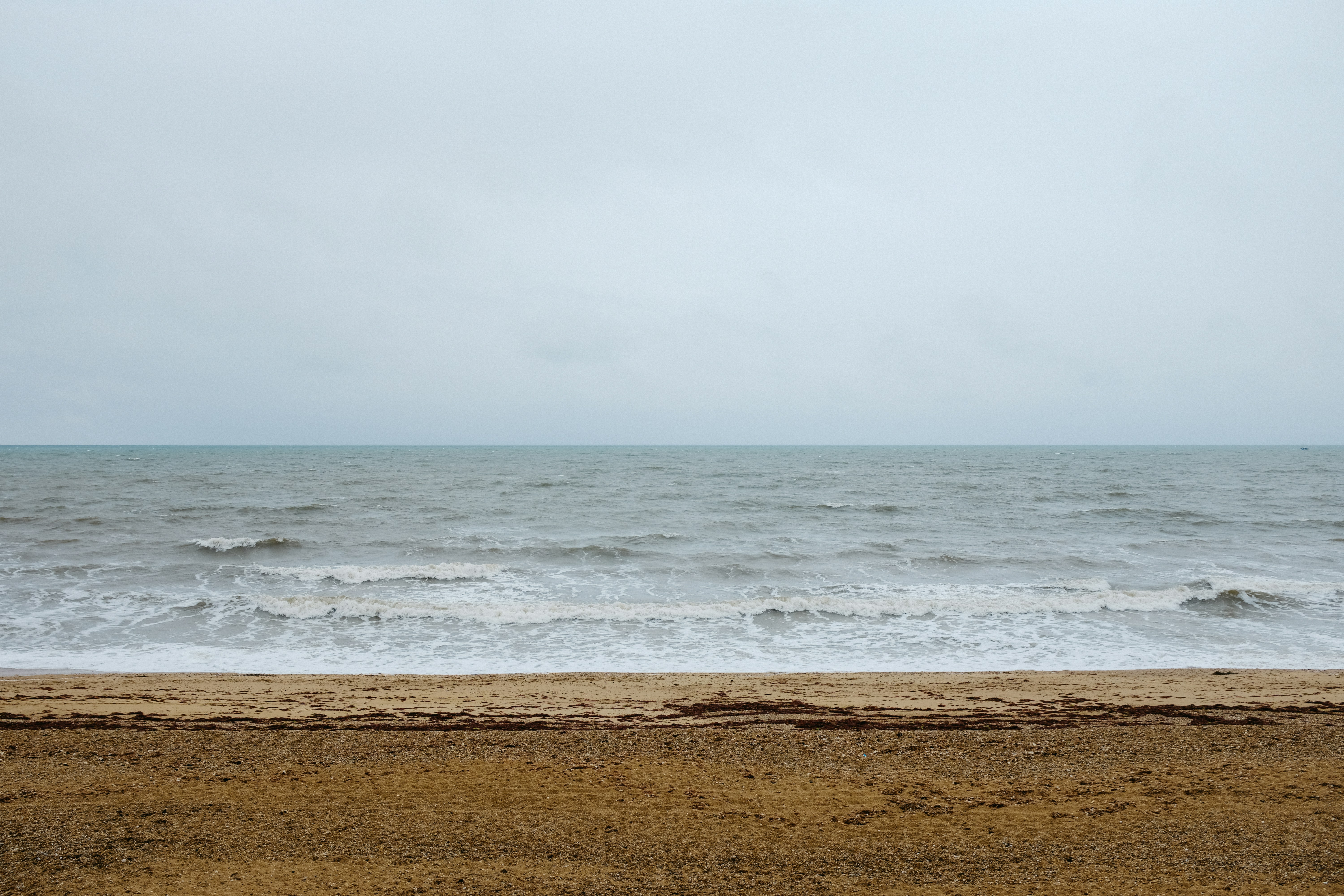 A tranquil beach scene features gentle waves lapping at the shore under an overcast sky, creating a serene atmosphere.
