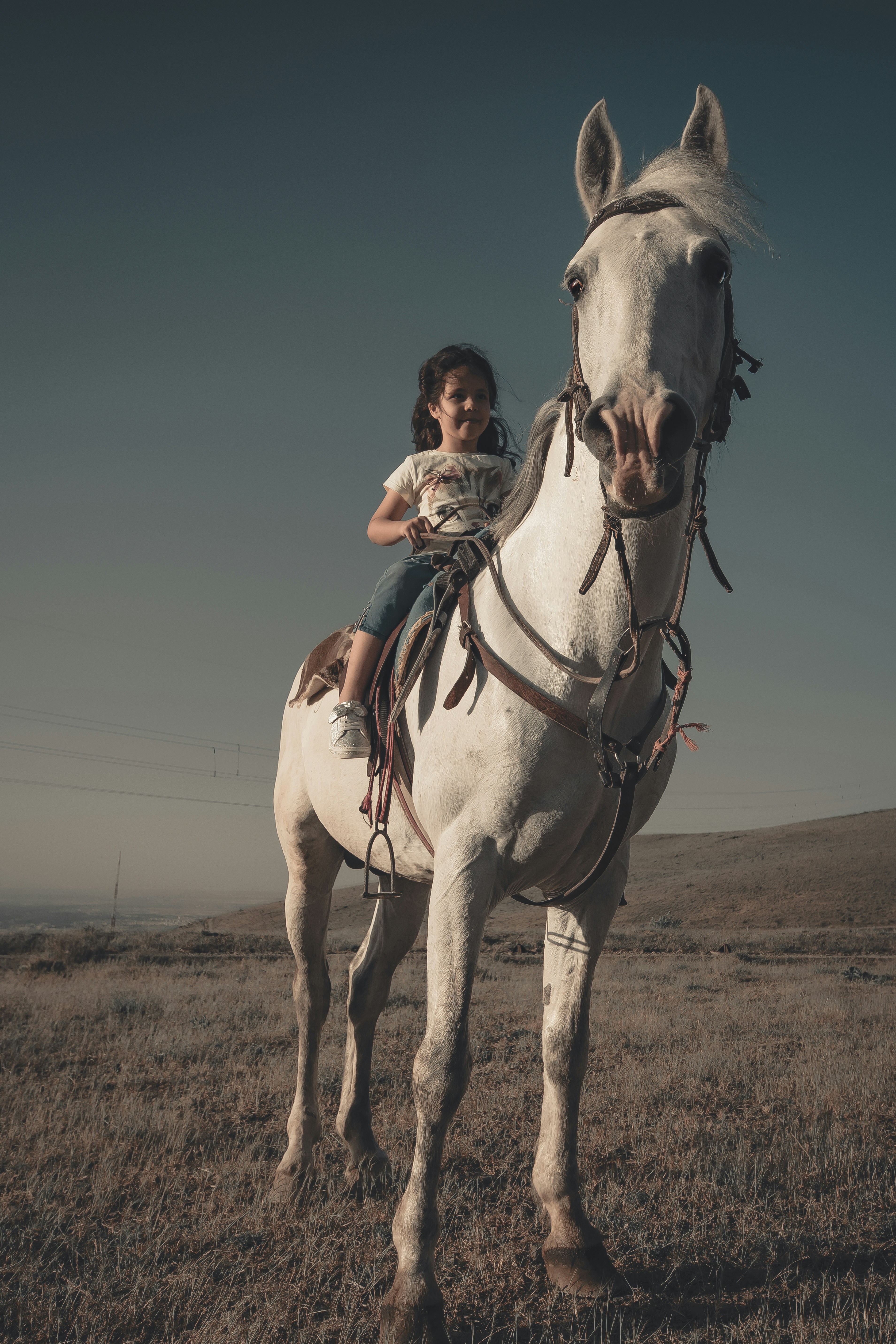 Young girl riding a white horse in an open field under a clear sky. The scene captures a moment of connection between the child and the animal.