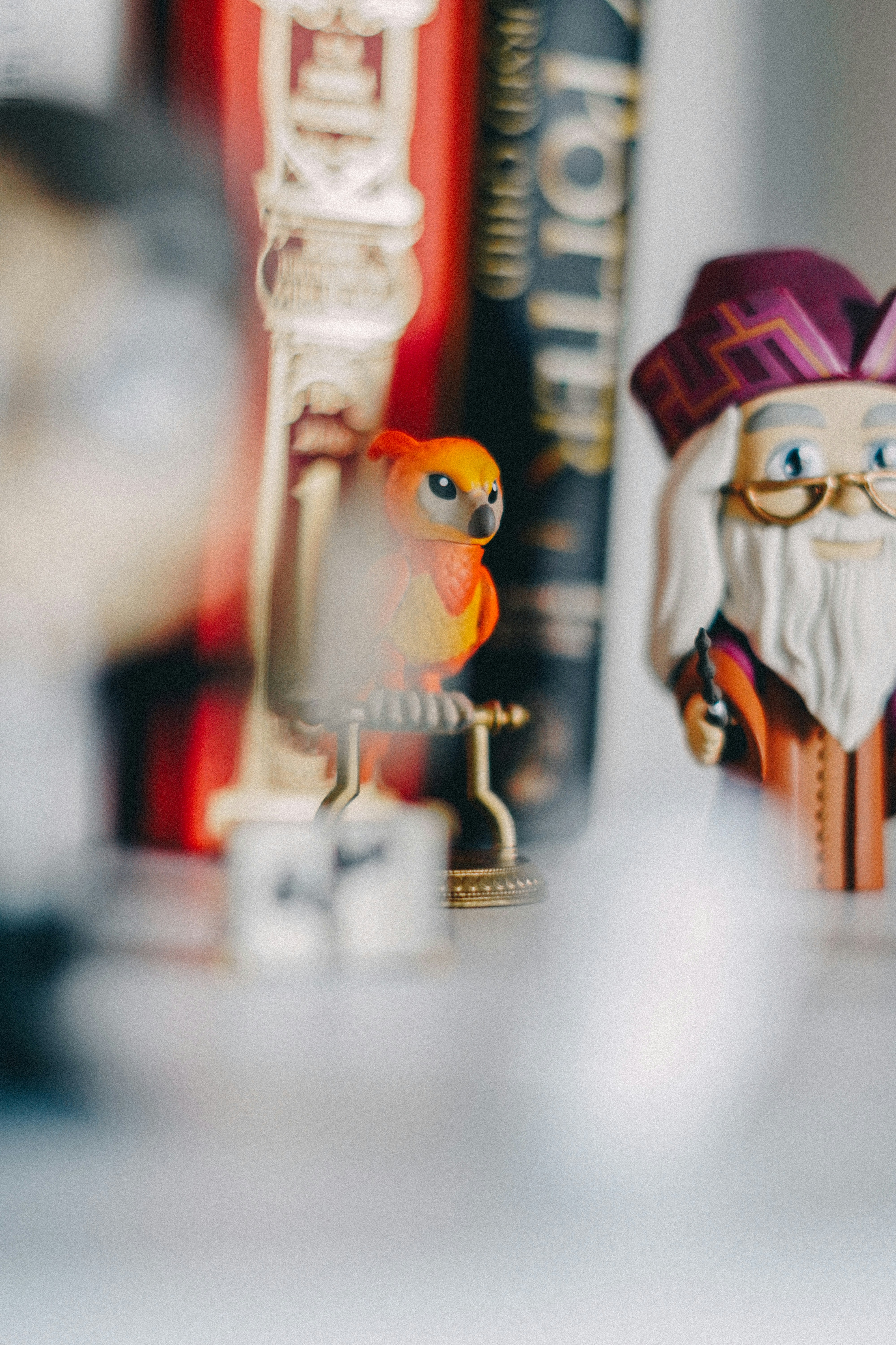 Parrot and Wizard Figurines on a Shelf
