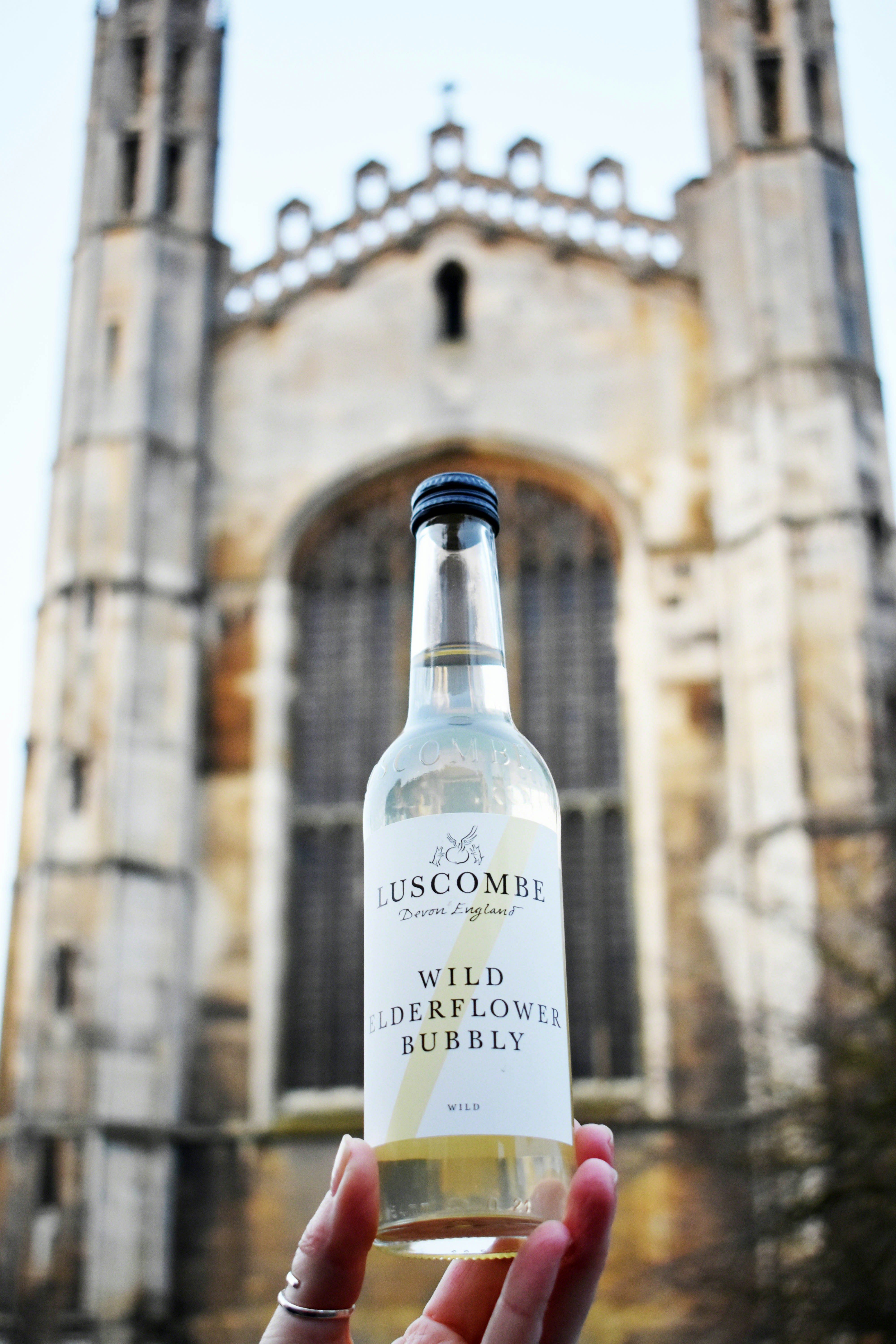 Elderflower soft drink in front of Kings College, Cambridge.