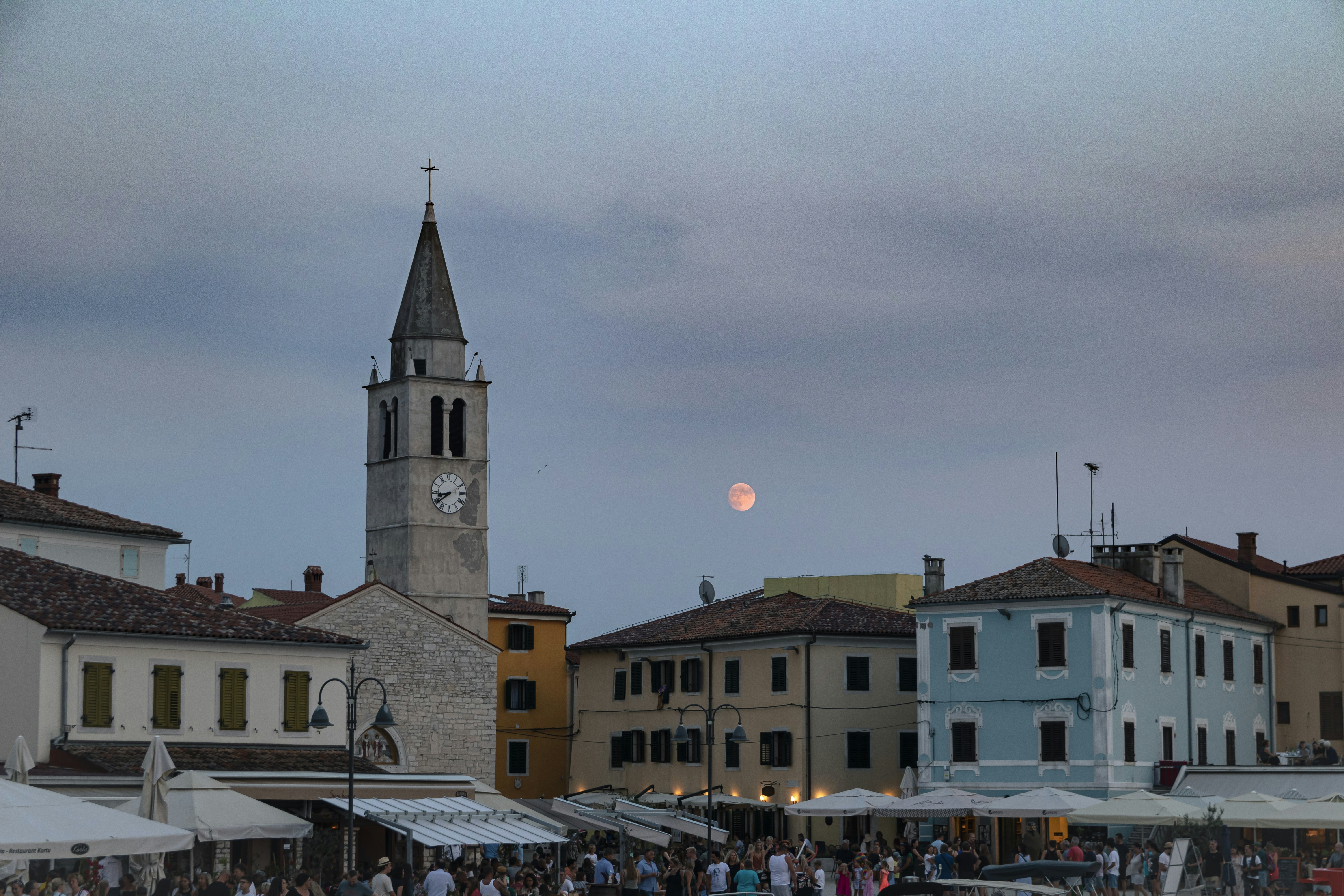 Moonrise Over the Pastel Harbor: Twilight at the Clock Tower
