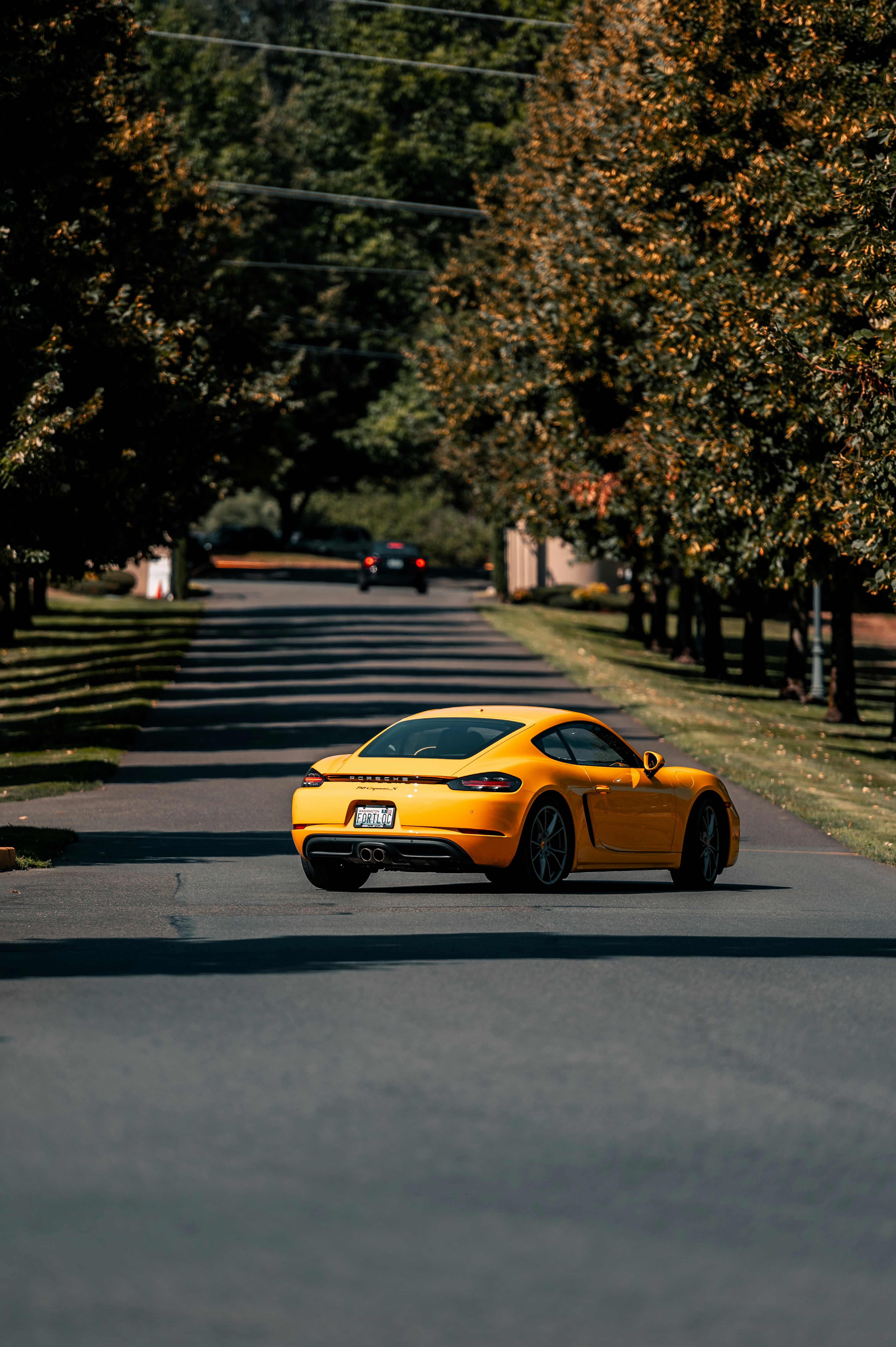 Sunlit Yellow Sports Coupe on a Tree-Lined Suburban Avenue