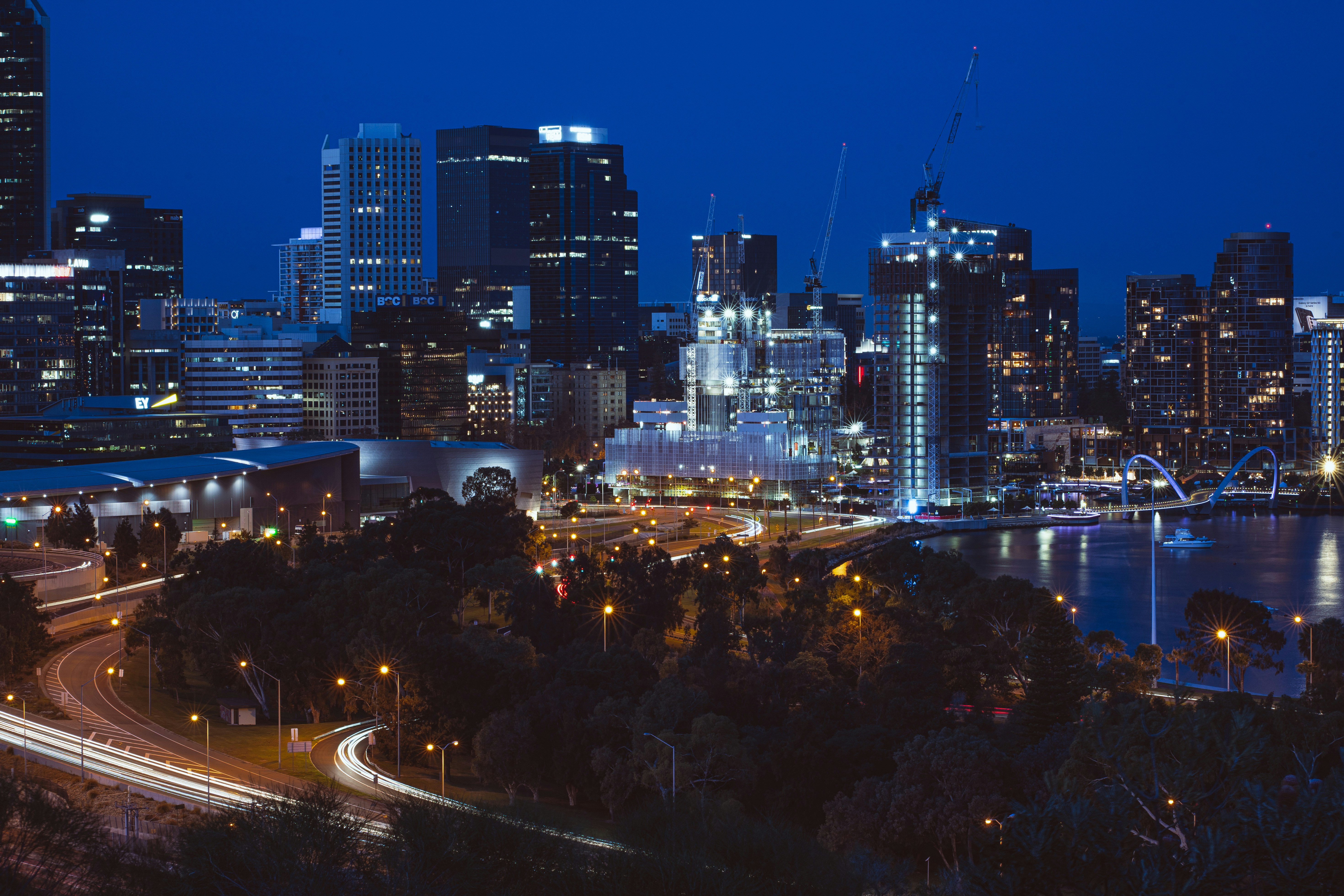A city skyline at night with the lights on photo – Free Perth wa Image ...