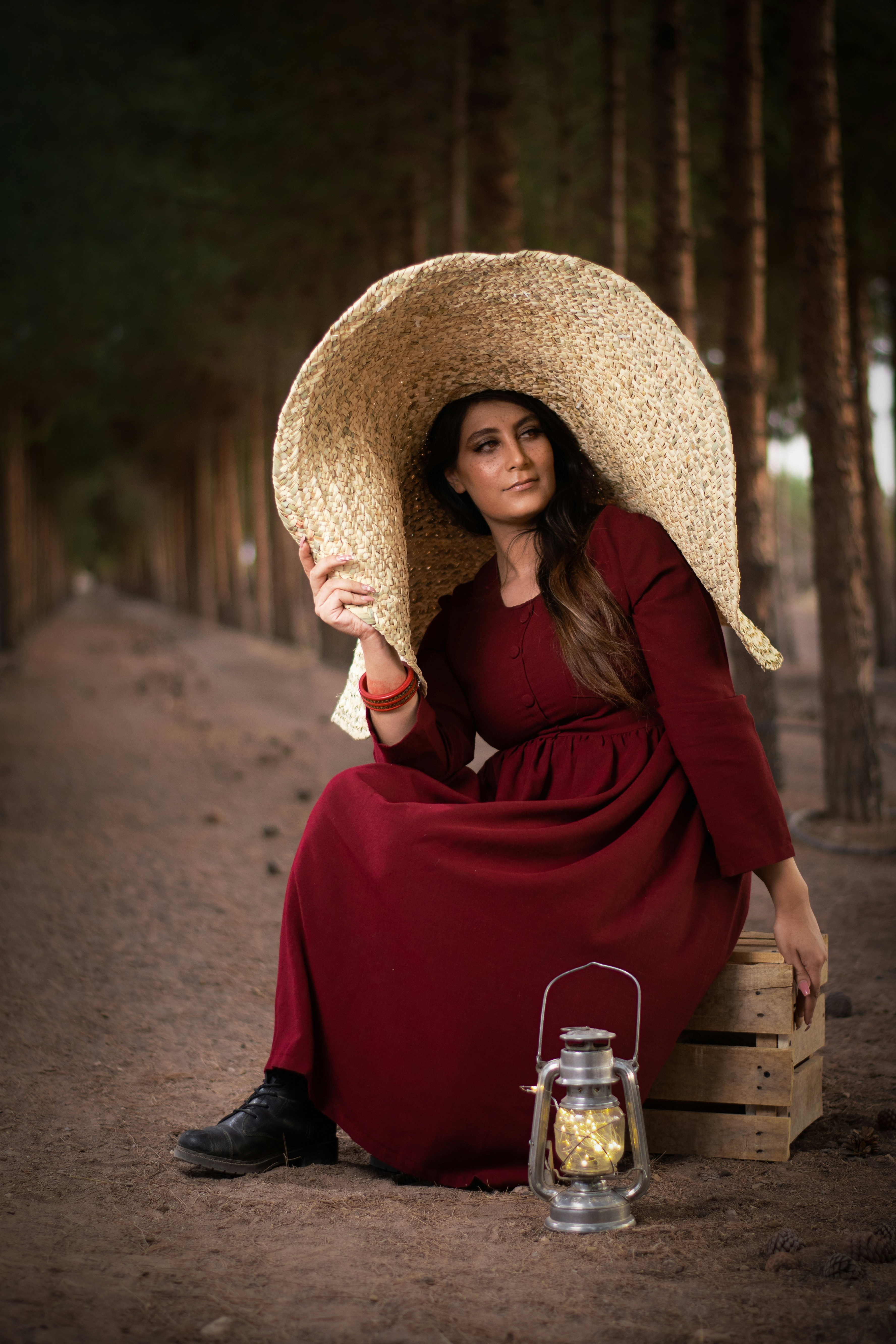 Crimson Velvet Under Lantern Light: A Forest Portrait