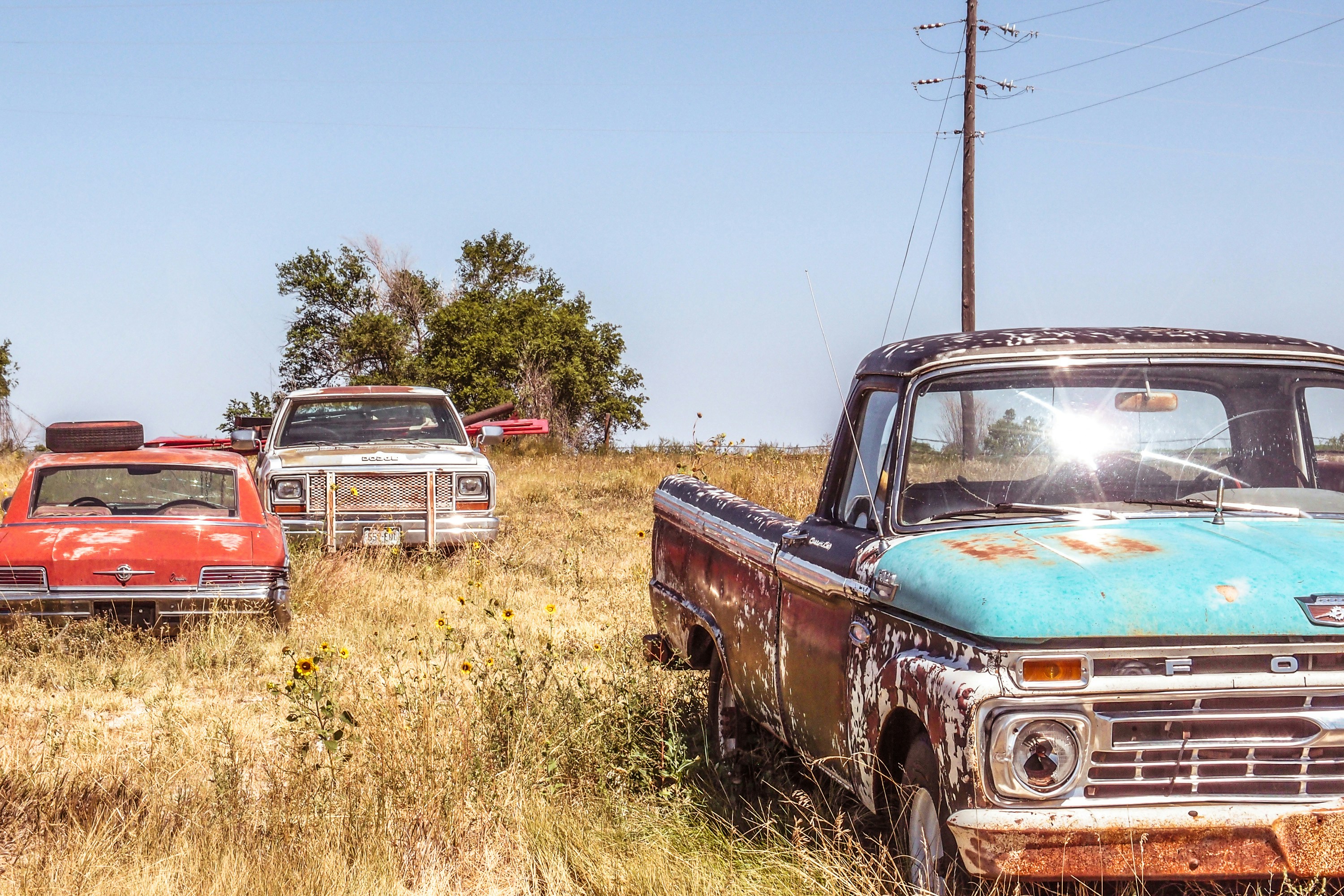 A weathered turquoise pickup dominates the foreground while faded vehicles recede into a sunlit, dry field.