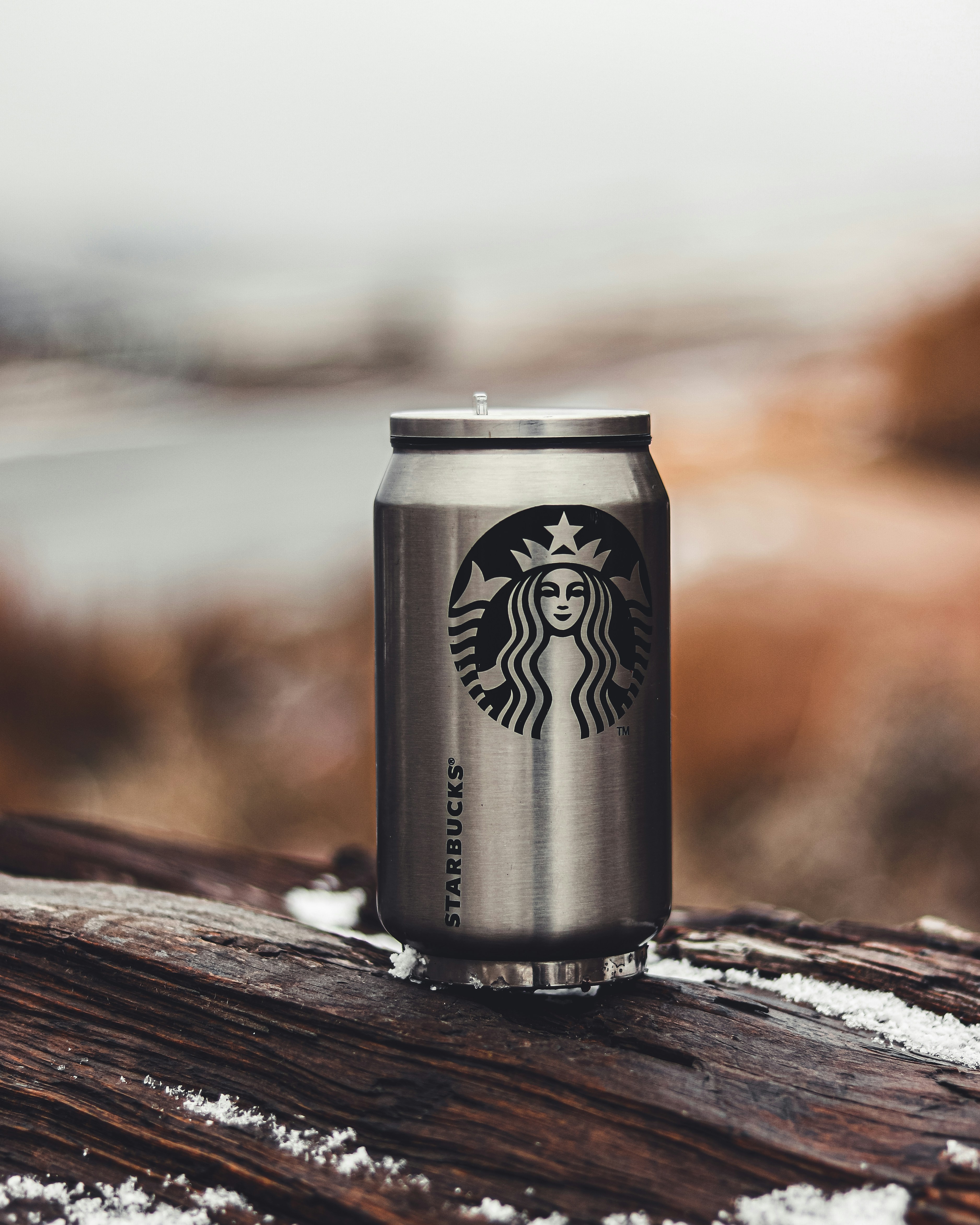 Stainless steel Starbucks can resting on a weathered log, surrounded by a softly blurred natural landscape. Snowflakes dust the log, adding to the serene atmosphere.
