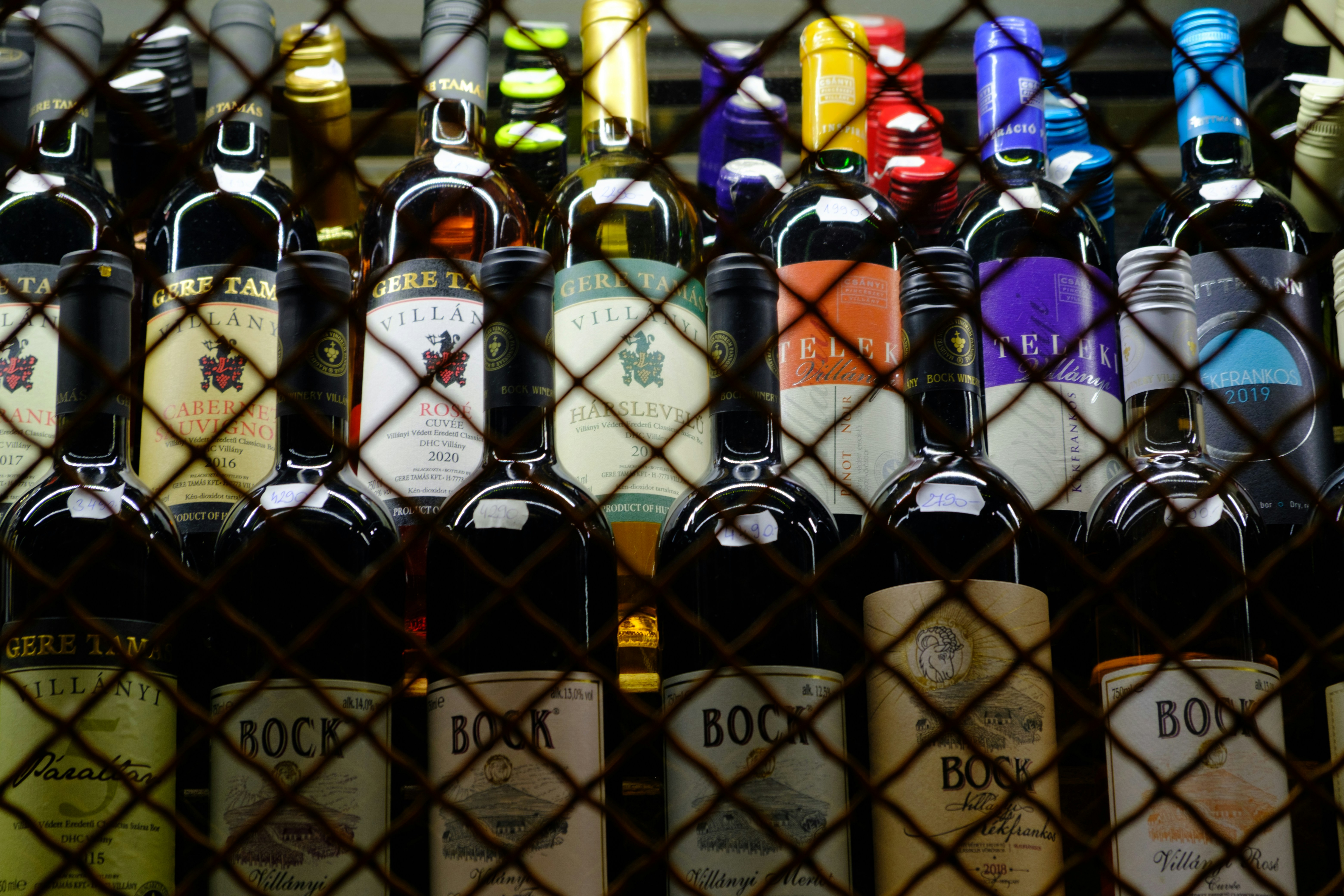 Crisscross of Bottles: A Row of Wine behind a Diagonal Mesh