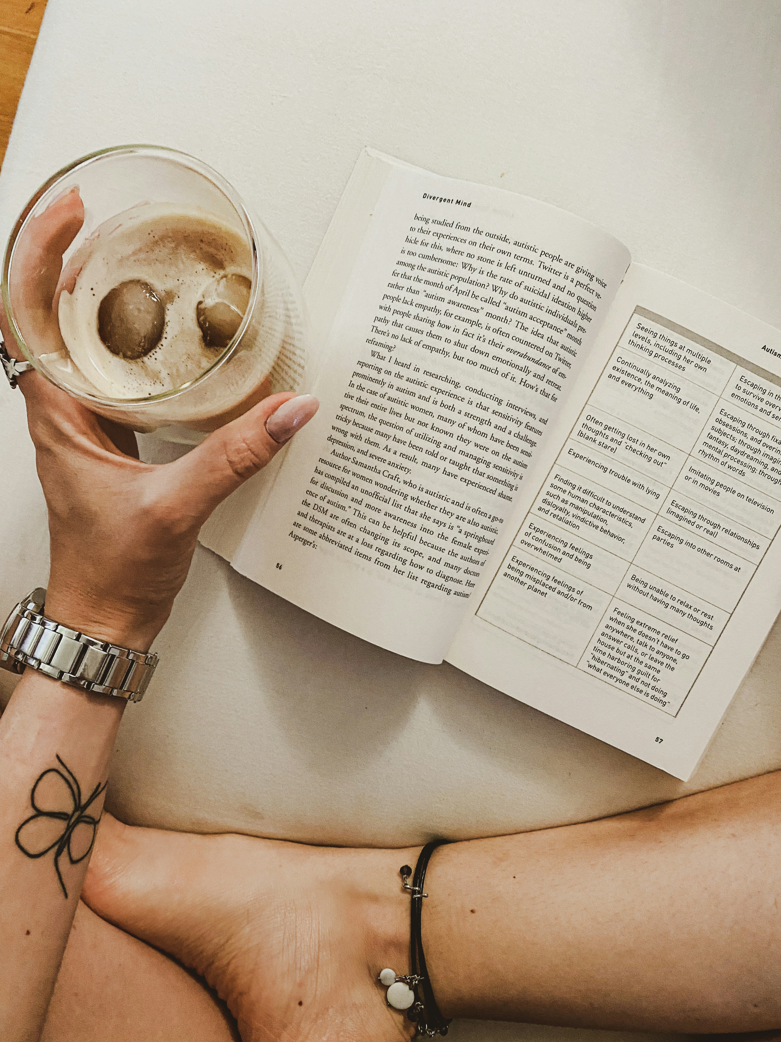 Flatlay of woman holding a cup of coffee, reading a book