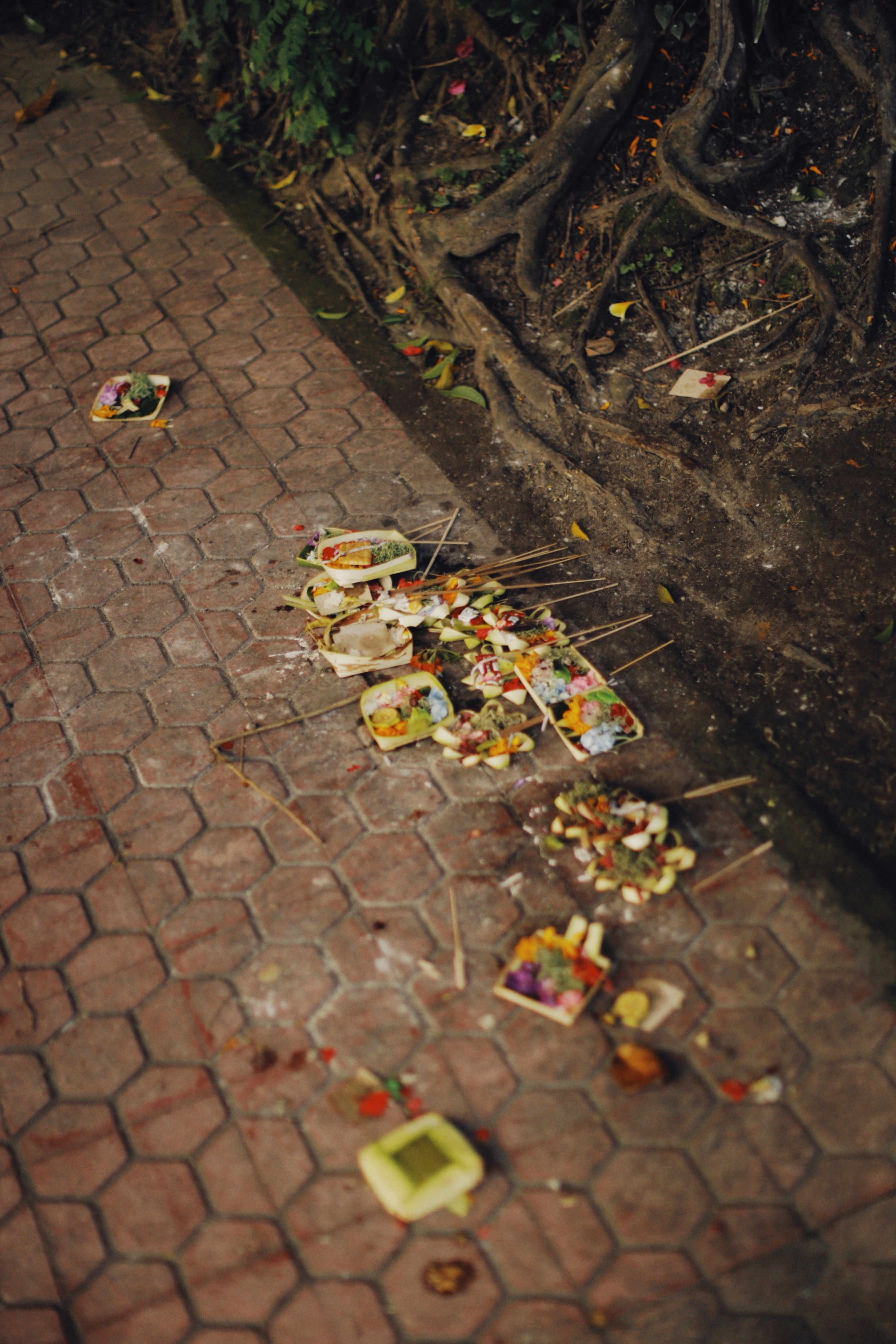 Discarded Food Offerings Strewn Along a Cracked Sidewalk