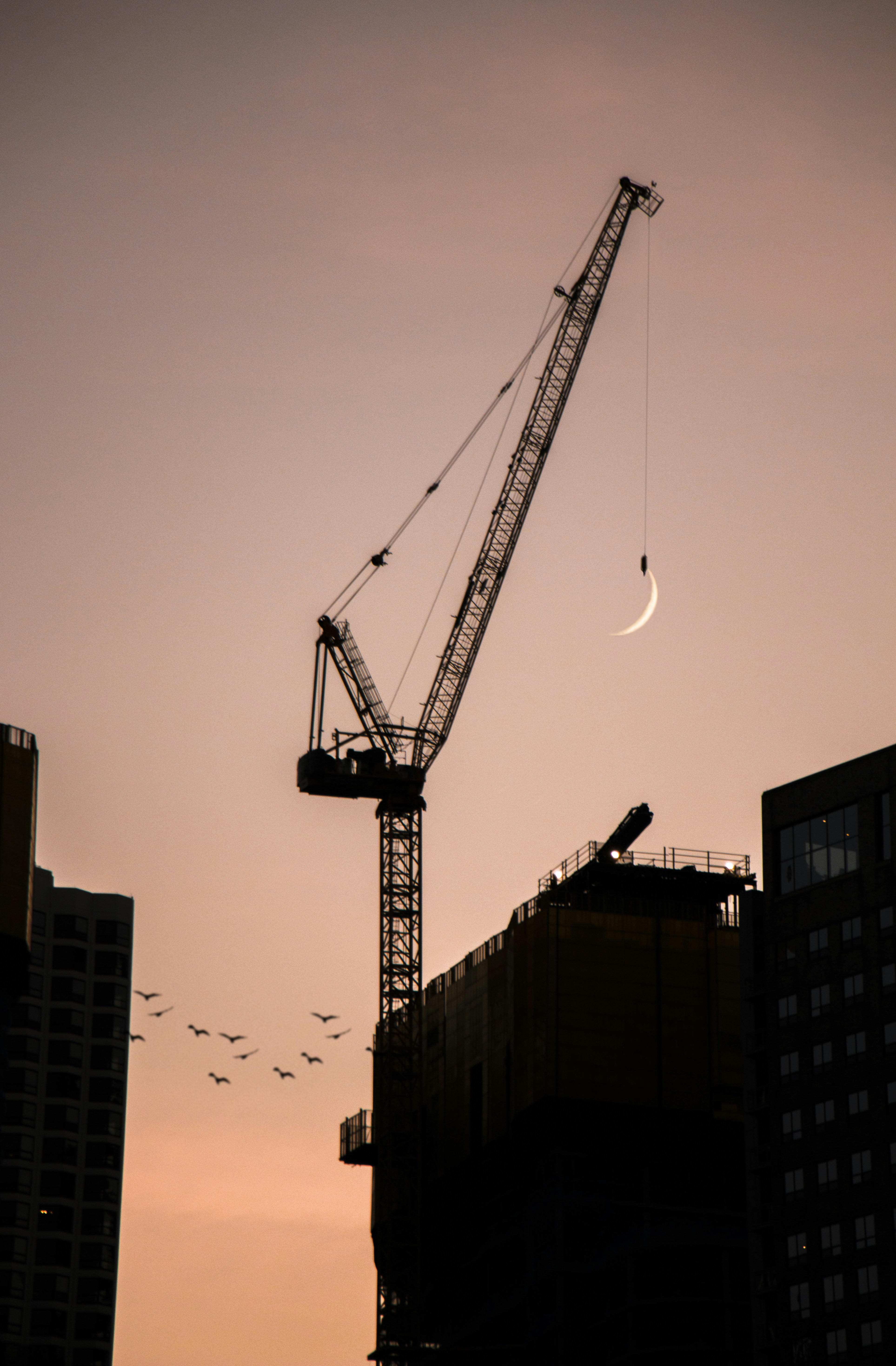 Silhouette of a construction crane against a pastel sky, with a crescent moon dangling from its hook and birds flying nearby.