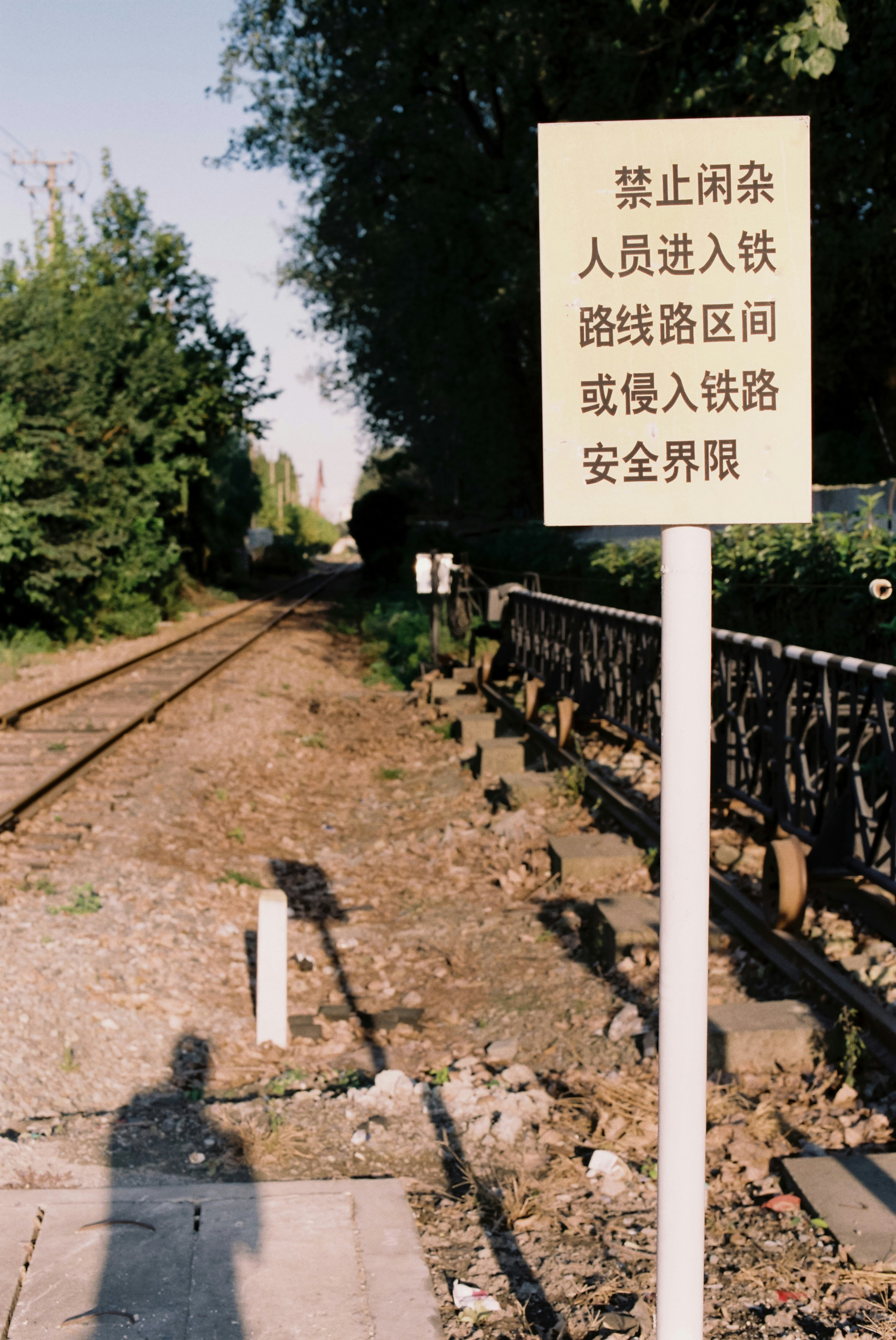 A warning sign stands beside a railway track, surrounded by lush greenery, indicating restricted access for personnel. The scene captures the juxtaposition of nature and infrastructure.