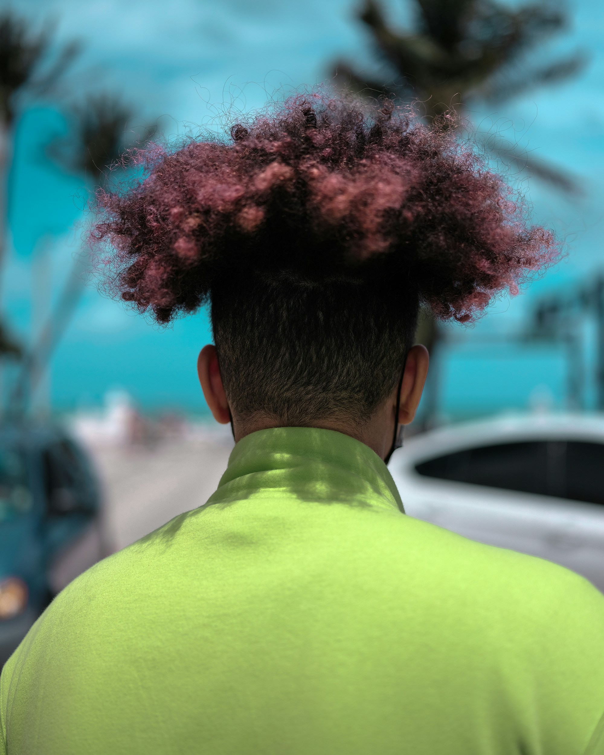 Individual with striking pink curls wearing a bright green shirt, gazing down a palm-lined street under a vivid blue sky.