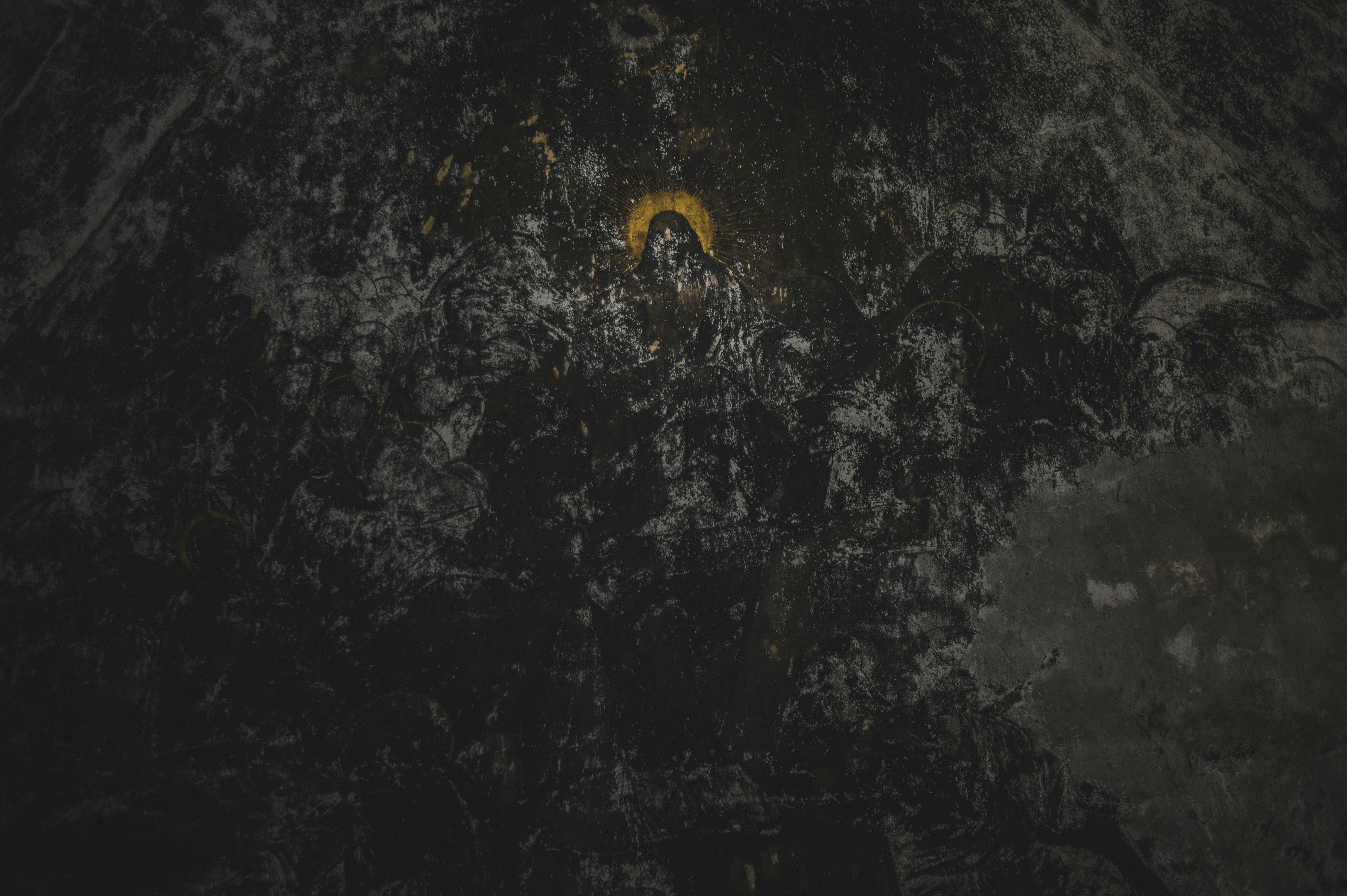 An ancient fresco with a biblical story on the wall of an Orthodox church in Russia. | aerial view of a lake