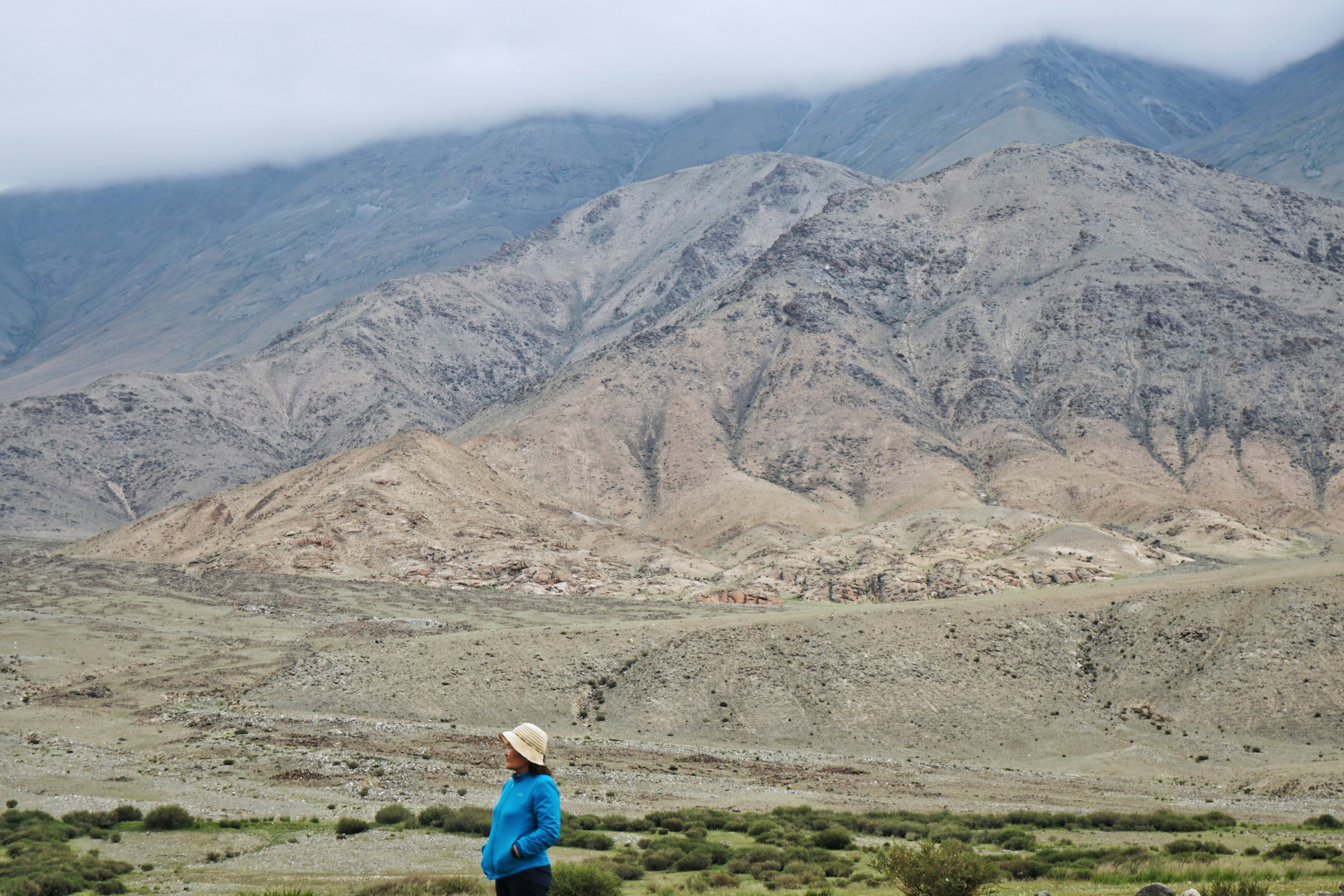 Person in a blue jacket and straw hat gazing at expansive mountain landscape under a cloudy sky.