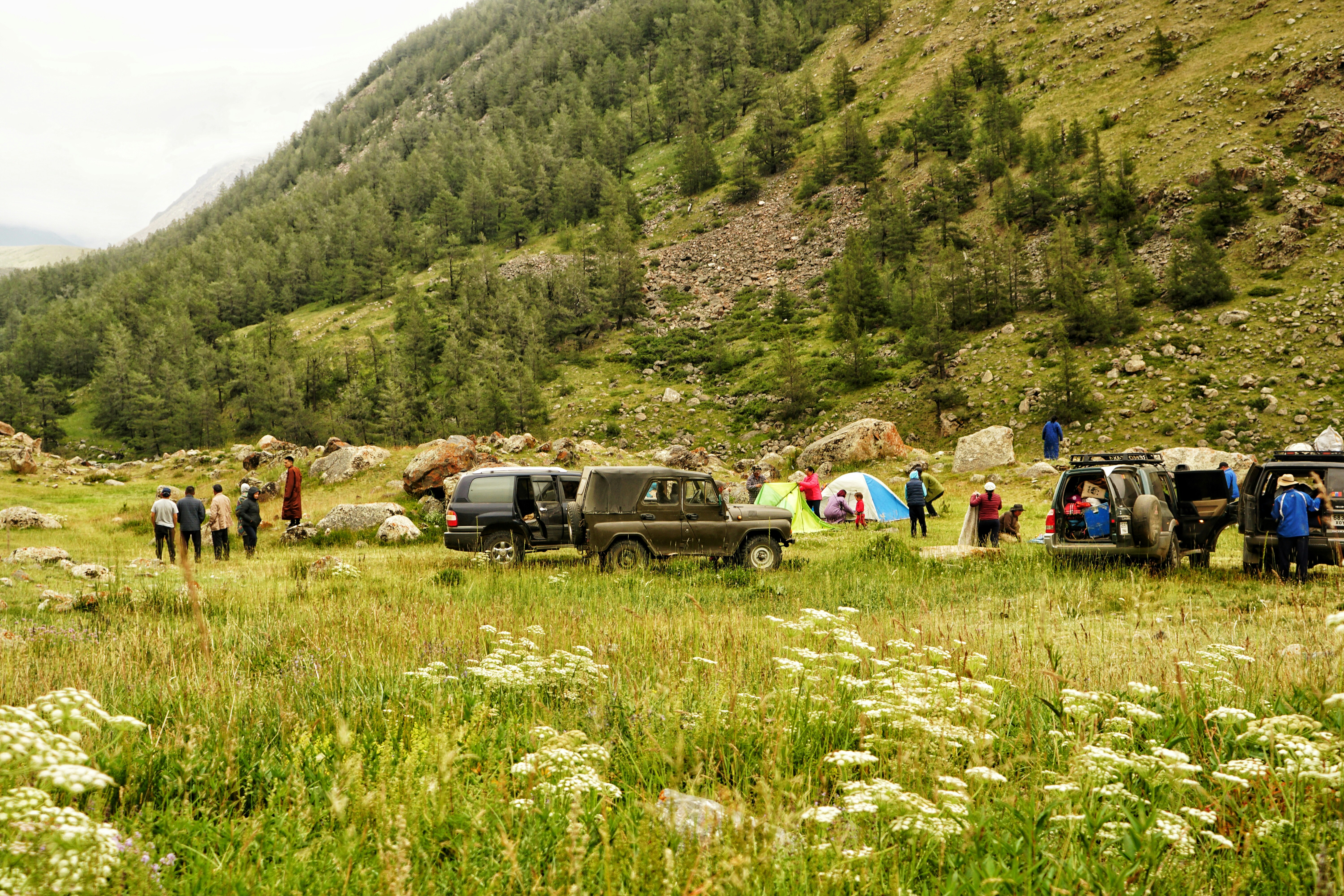 Group of campers engaging in outdoor activities amidst a lush green valley, surrounded by rocky terrain and distant mountains.
