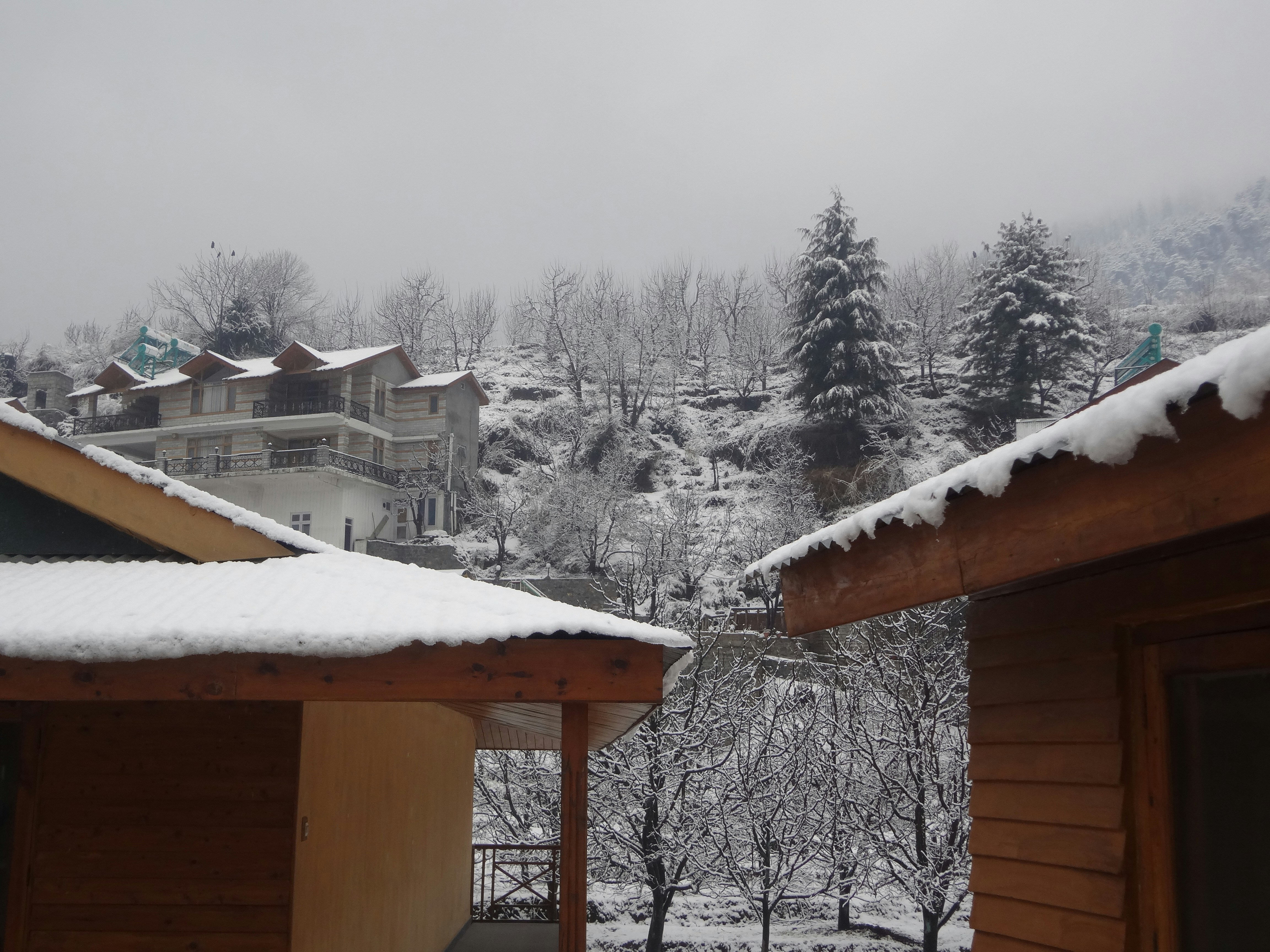 Snow blankets quaint wooden cabins nestled in a tranquil winter landscape, framed by frosted trees and a distant hillside. A peaceful scene of nature's embrace.