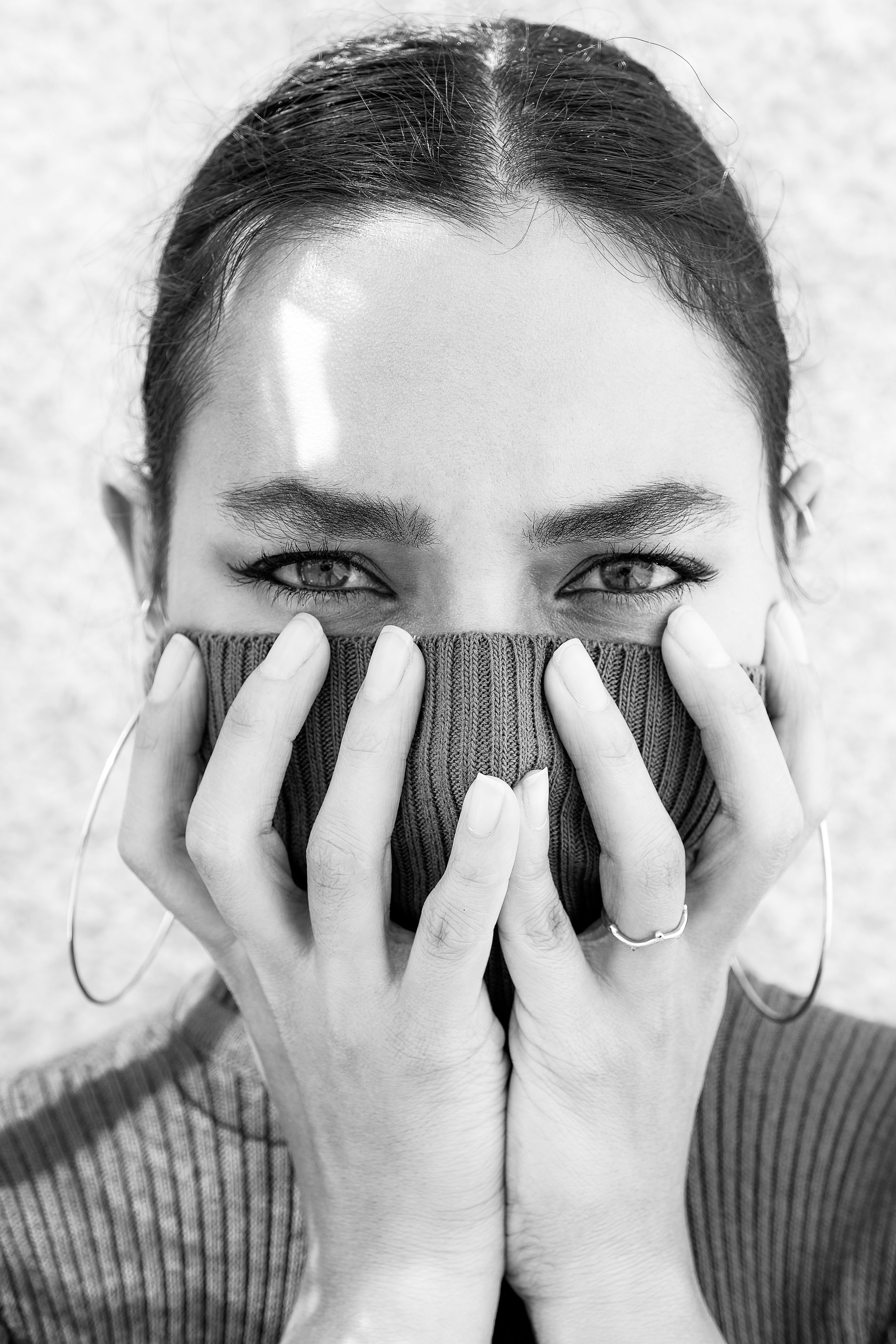 Grayscale photo of woman covering her face with her hands photo – Free ...