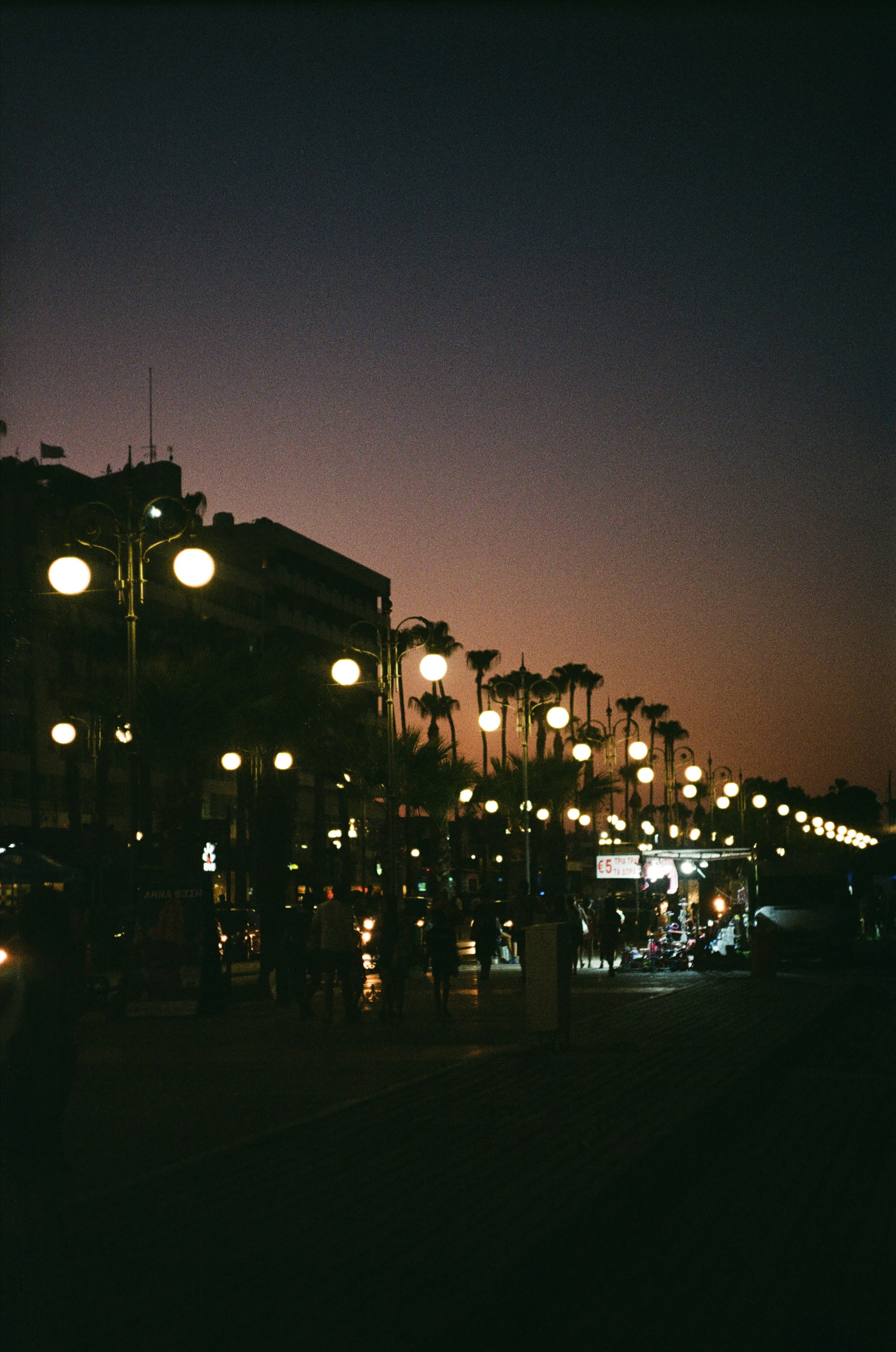 Illuminated street lined with palm trees and bustling with pedestrians as night falls, capturing the essence of evening leisure.