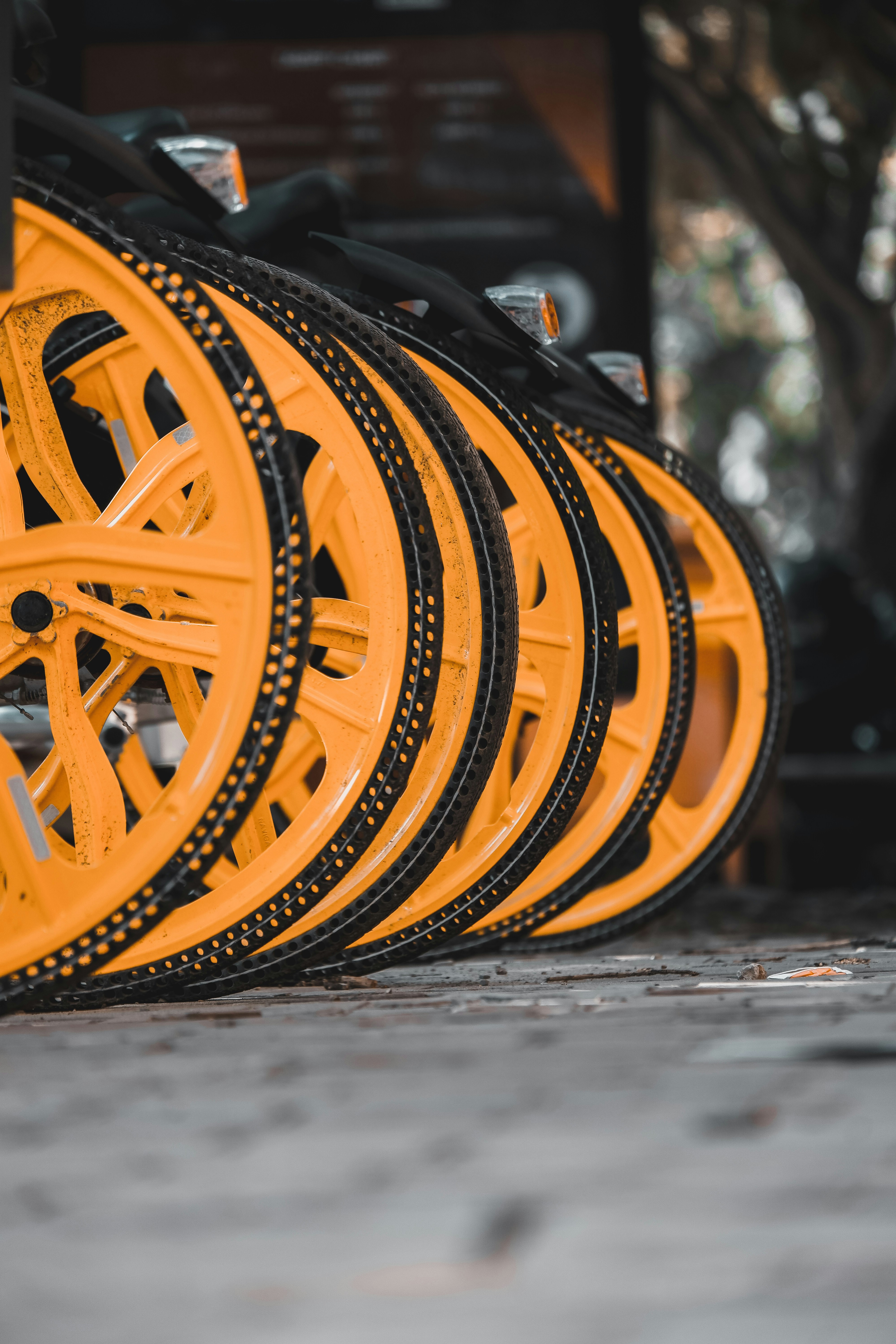 Row of Bright Orange Bicycle Wheels: A Museum of Motion